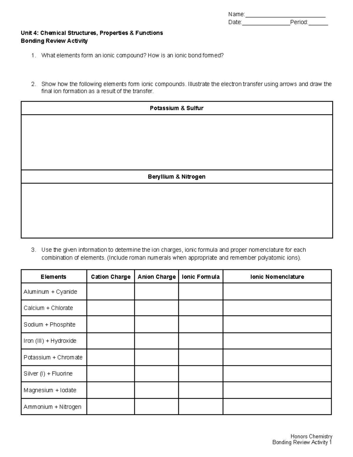 Honors Chemistry: Bonding Review Activity Guide - Studocu