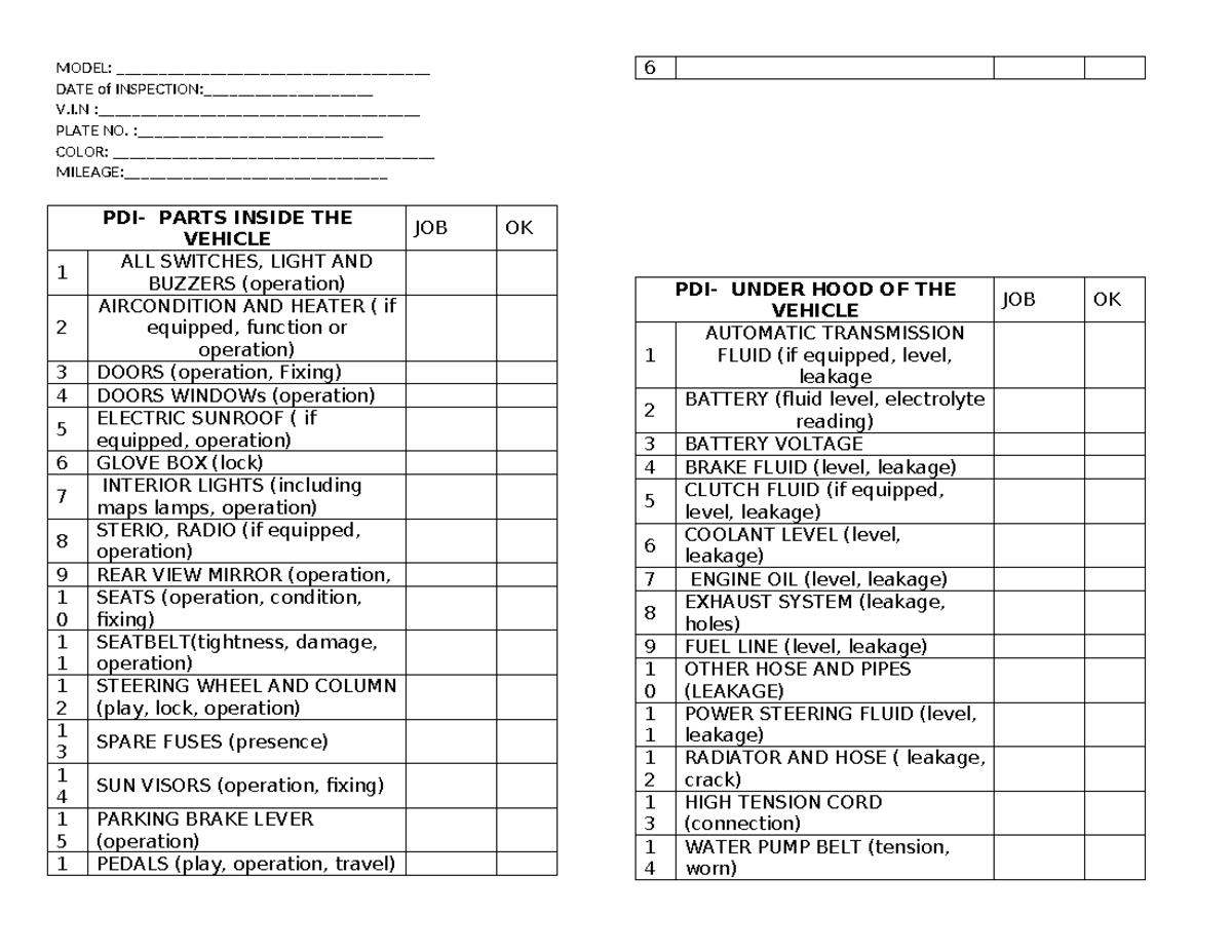 PDI Checklist for Vehicle Pre-Delivery Inspection - Studocu