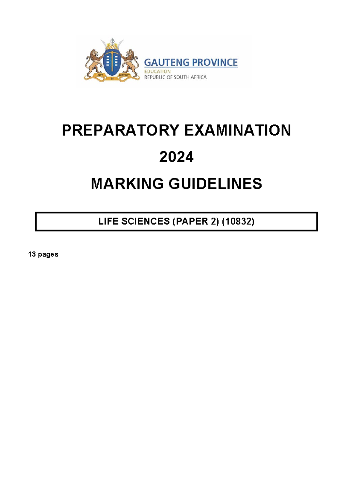 LIFE SCIENCES PREP EXAM MEMO (PAPER 2) - 10832 (2024) - Studocu