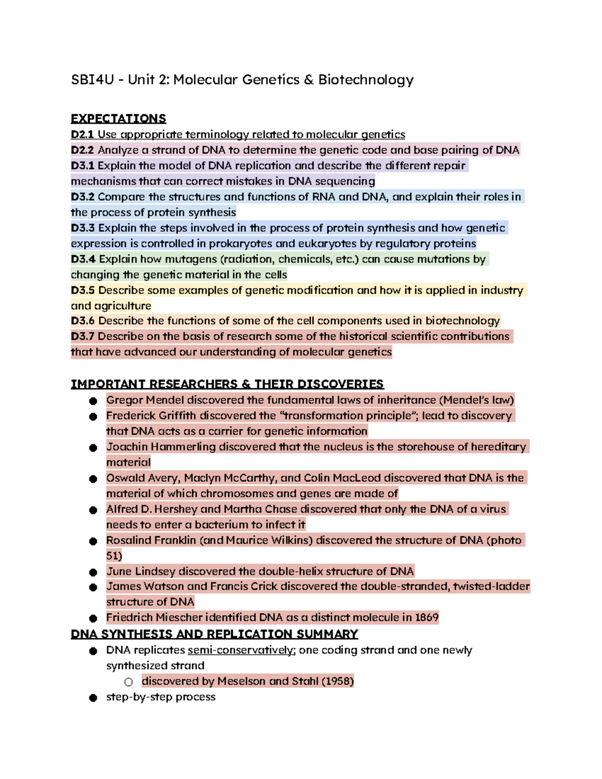 SBI4U Unit 2 Test Review: Molecular Genetics & Biotechnology - Studocu