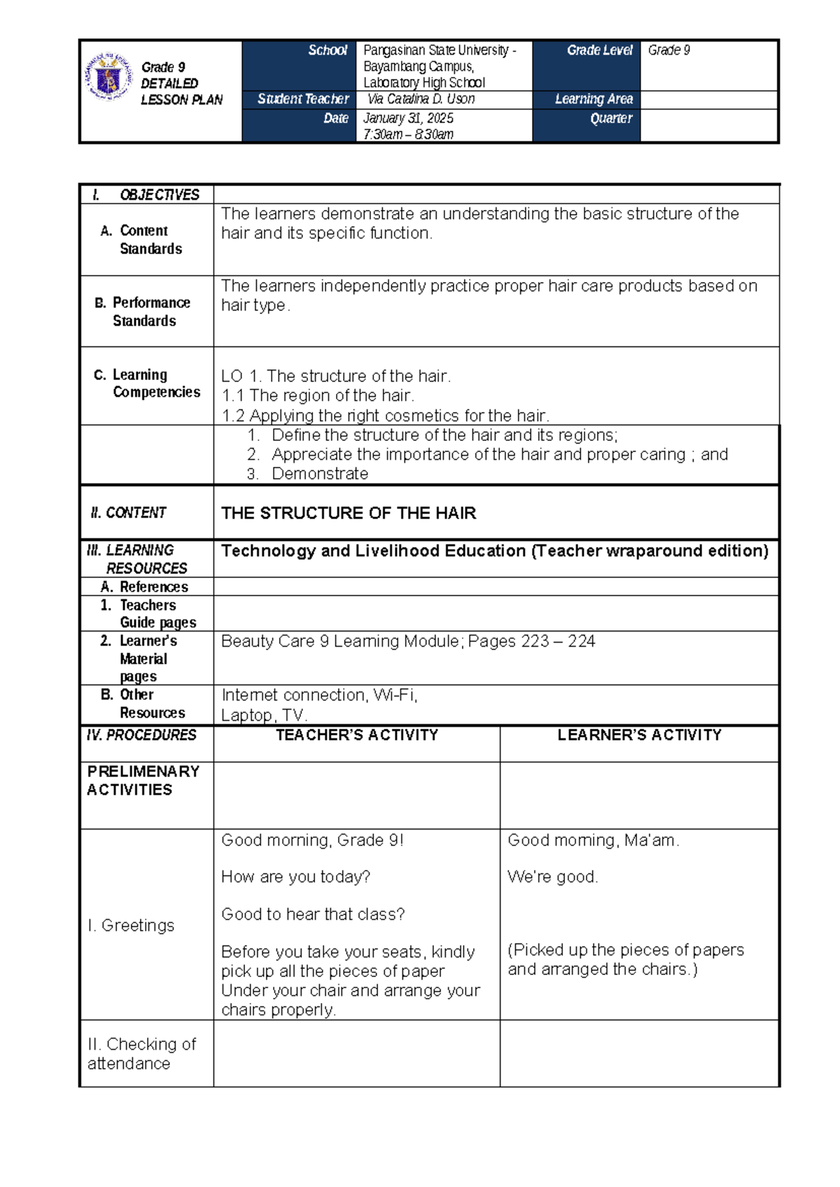 Grade 9 TLE Detailed Lesson Plan: Understanding Hair Structure and Care ...