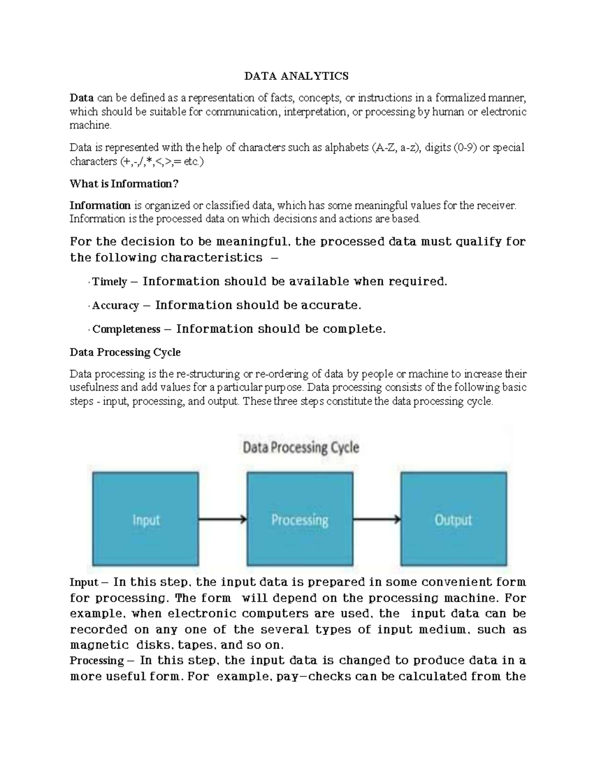 DATA ANALYTICS: Understanding Data, Information, and Processing Cycle ...