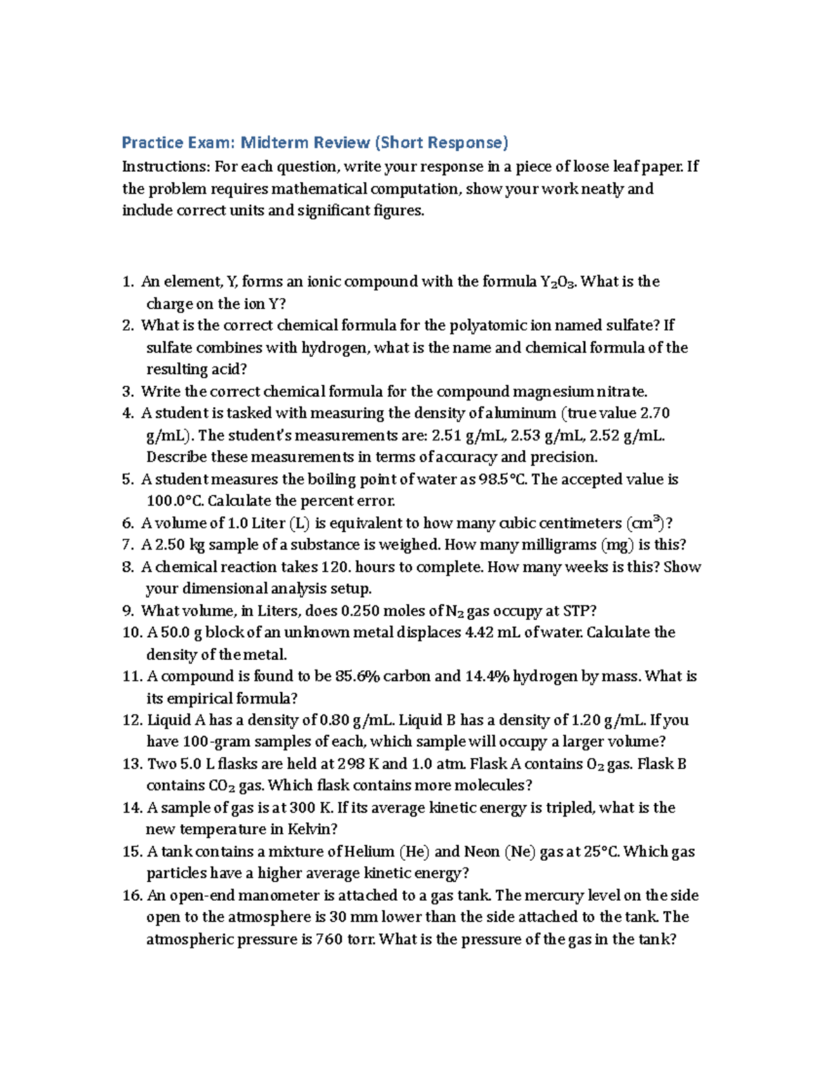 Chem 101: Midterm Practice Exam Review (Short Response) - Studocu