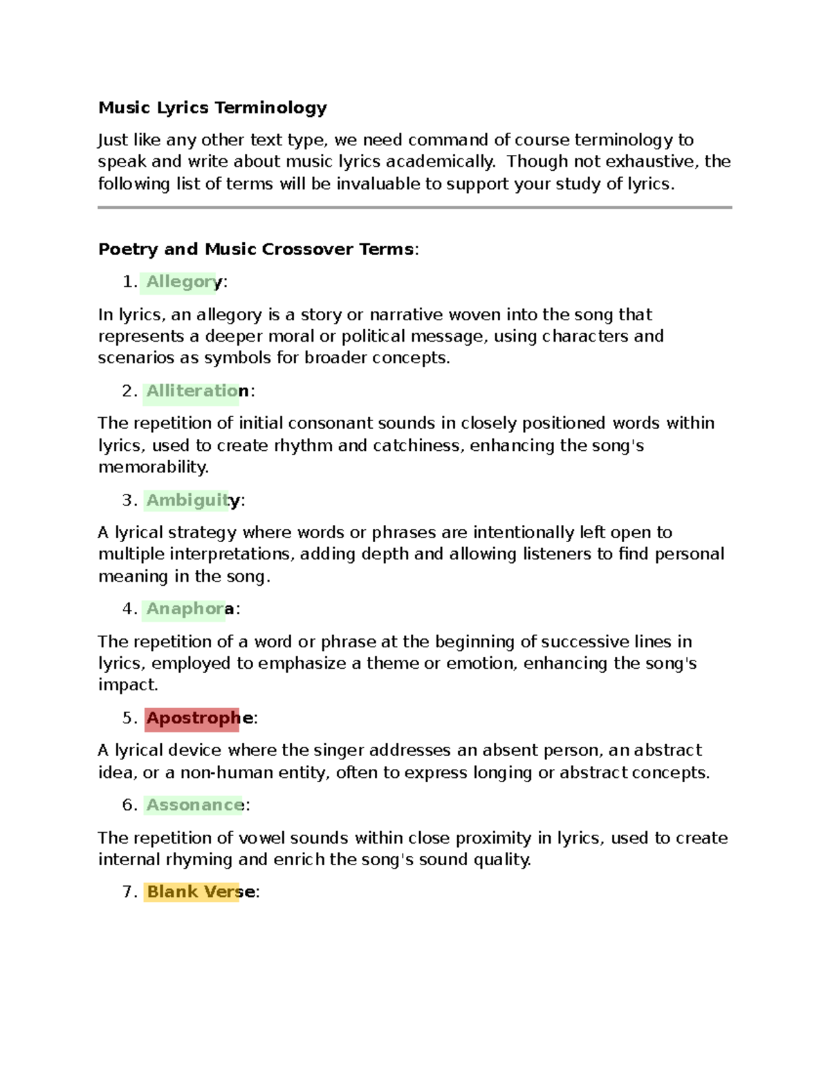 Music Lyrics Terminology - Though not exhaustive, the following list of ...
