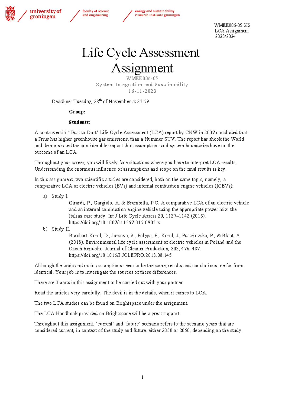 Life Cycle Assessment (LCA) Assignment - WMEE006 for 2023 - Studeersnel