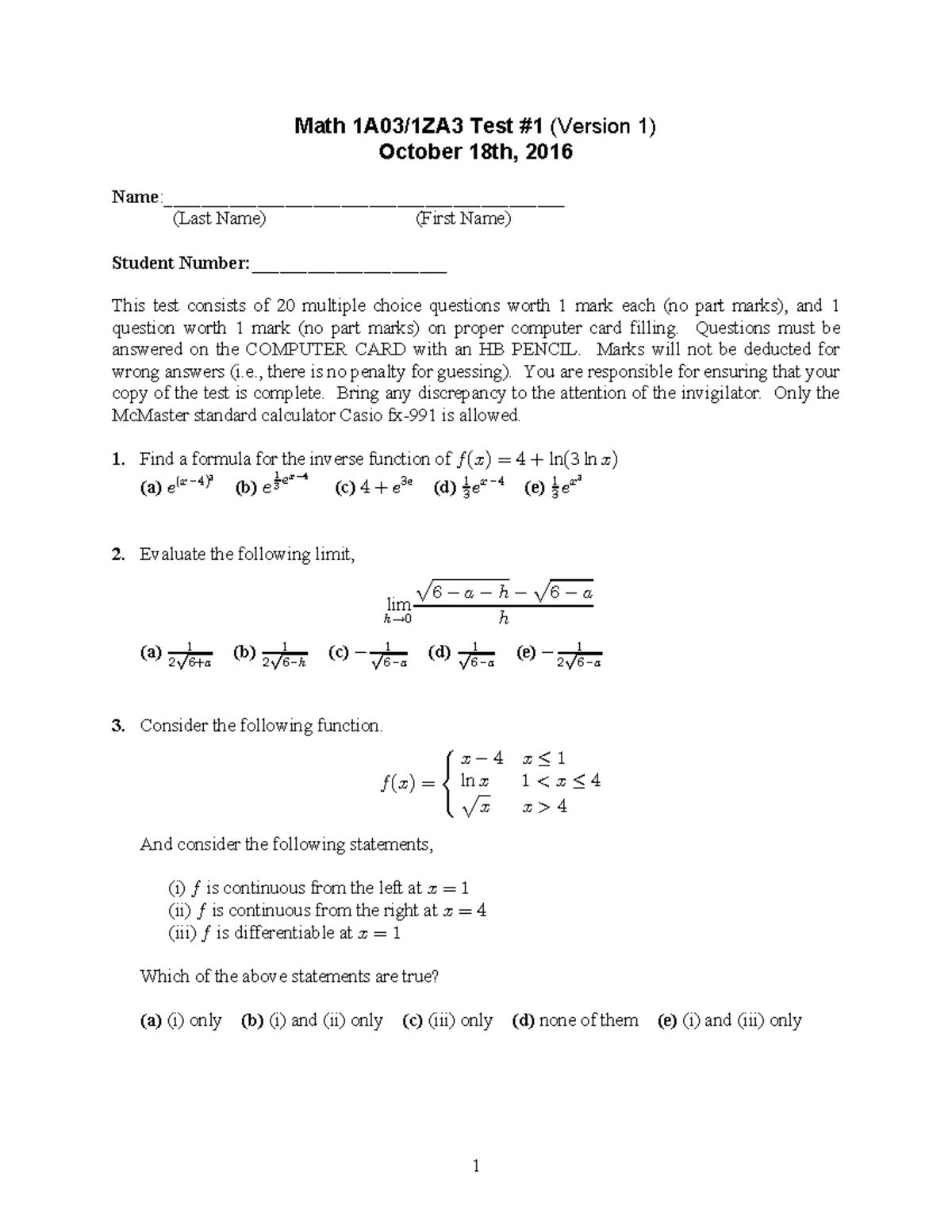 Math Test (MATH101) - October 18, 2016 (Version 1) - Studocu