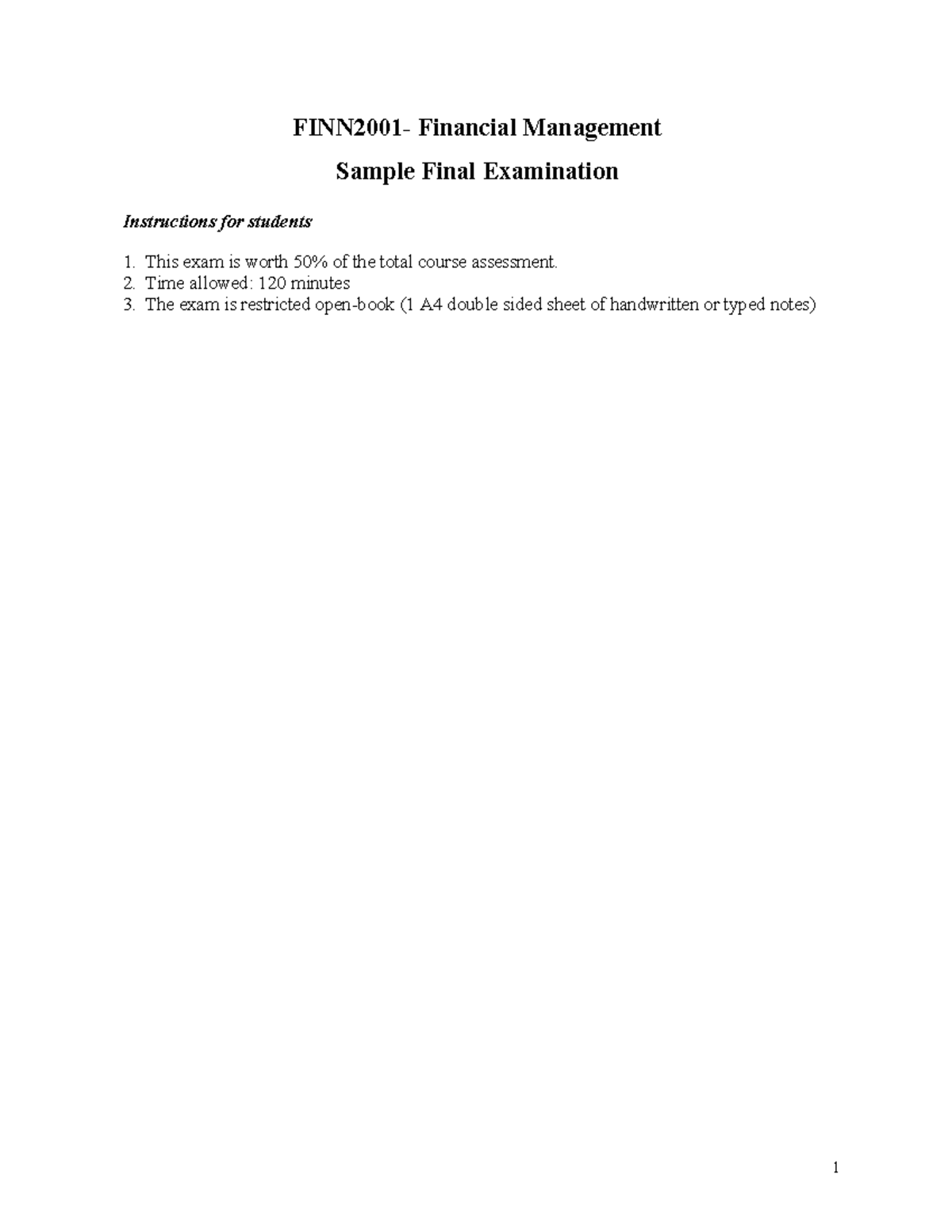 FINN2001 Sample Final Exam: Financial Management Questions and ...