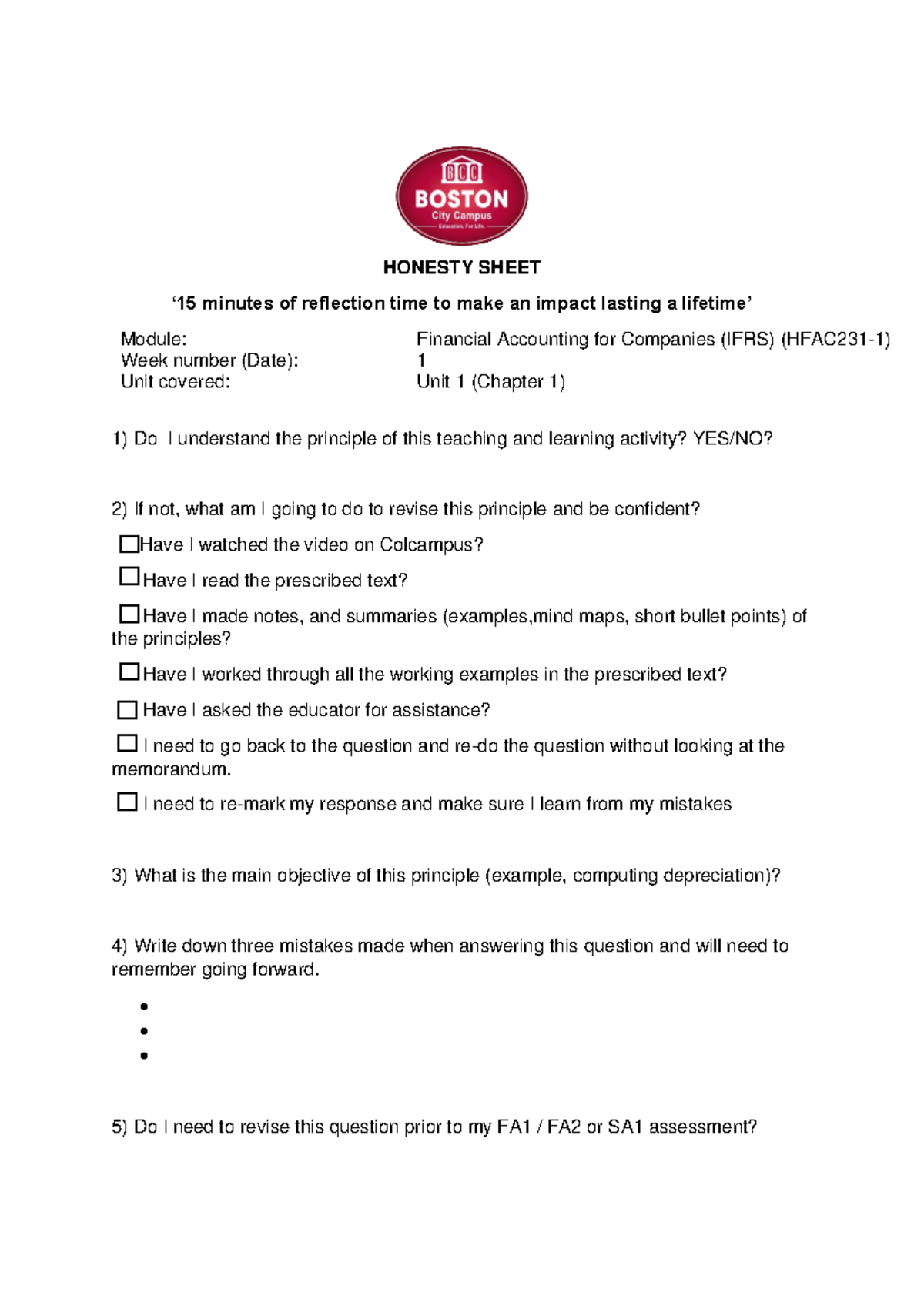 HFAC231-1 Honesty Sheet - Reflection Guide for Unit 1 Chapter 1 - Studocu