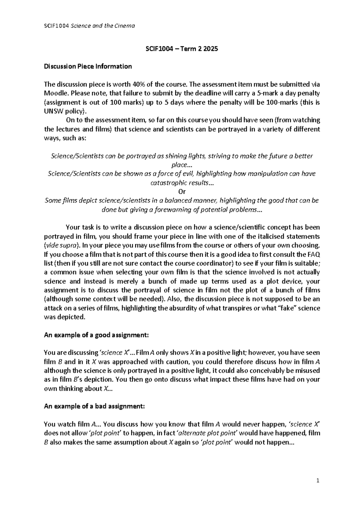 SCIF1004 Discussion Piece: Science Portrayal in Cinema 2025 T2 - Studocu