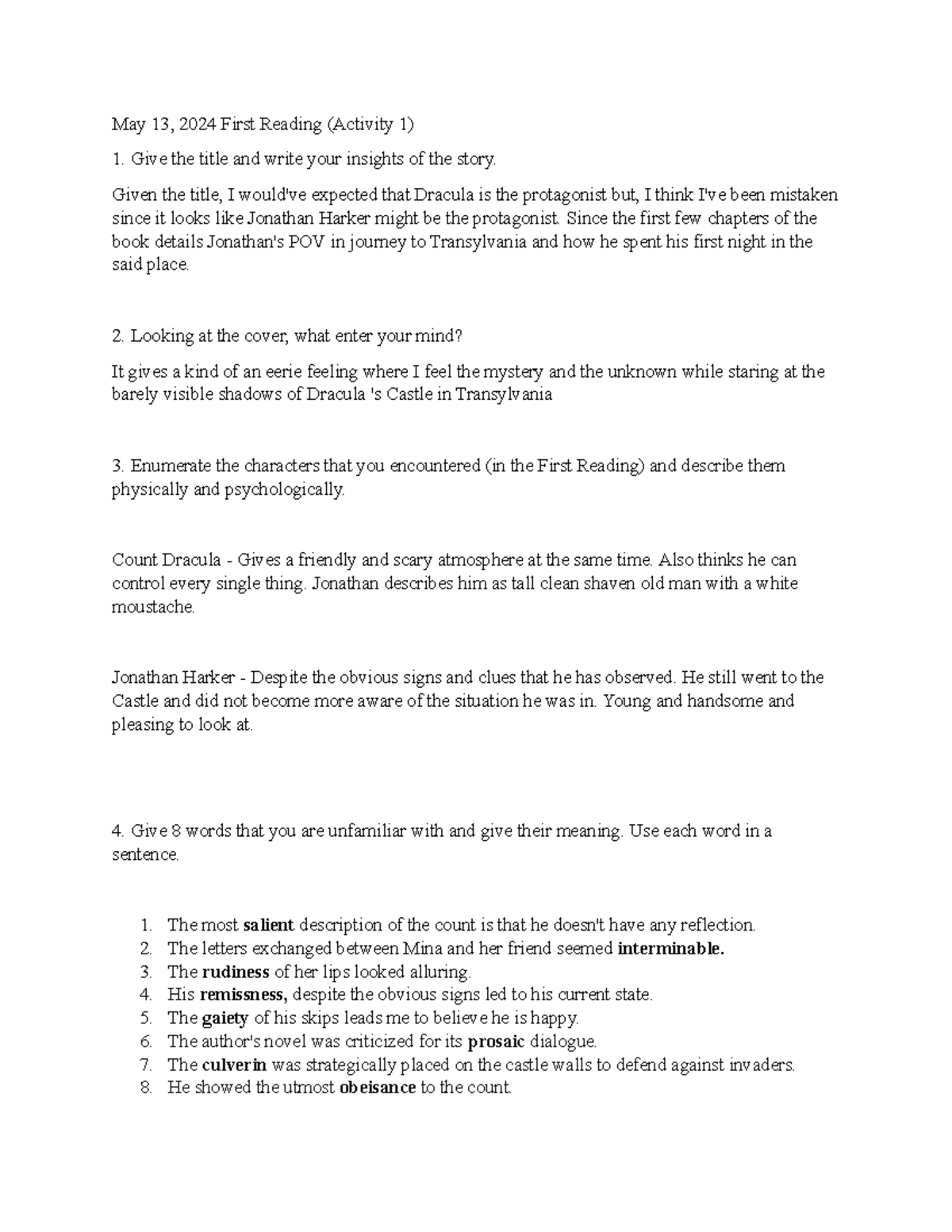 Lit 2 - Dracula: Insights, Characters, and Vocabulary Activities - Studocu