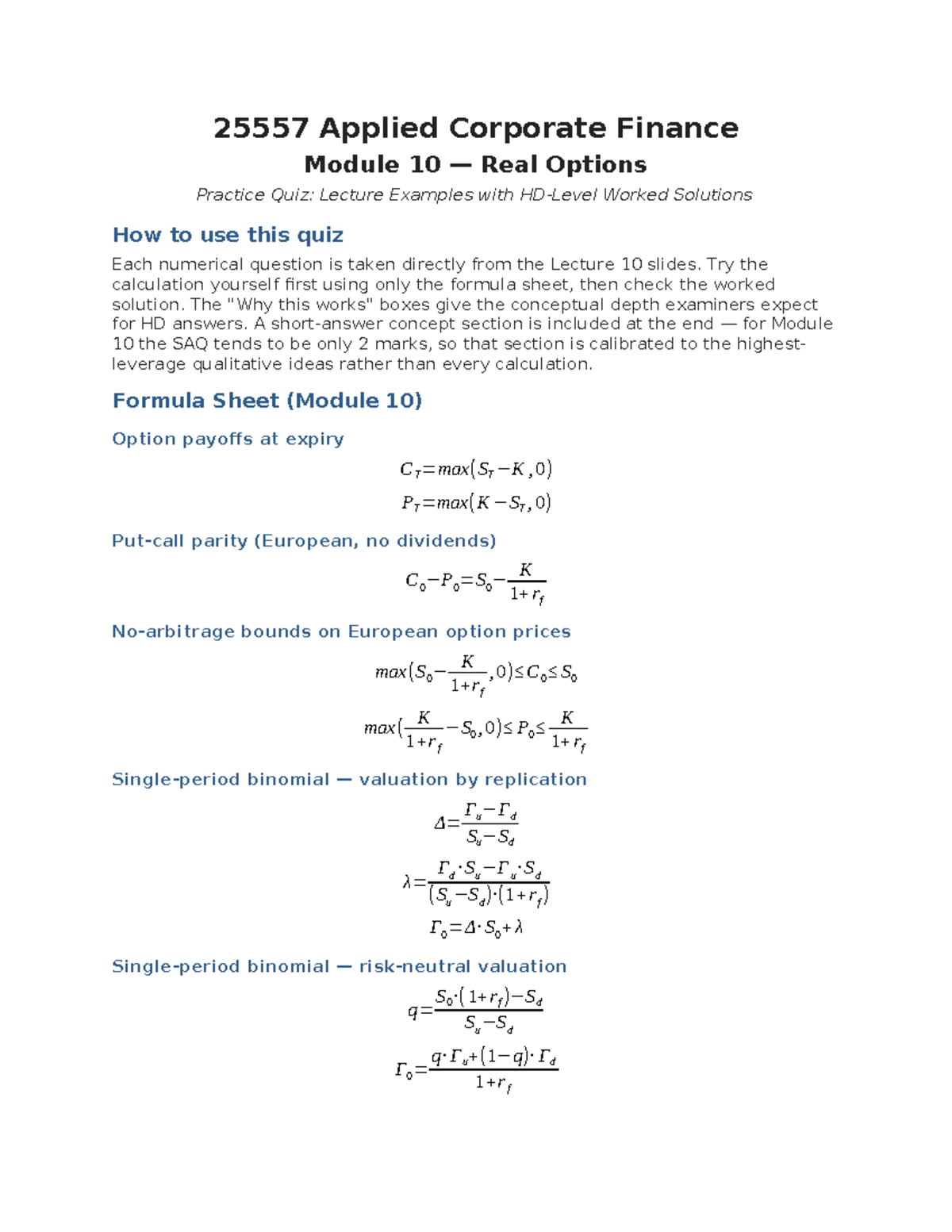 Module 10 Real Options Practice Quiz: Worked Solutions and Examples ...