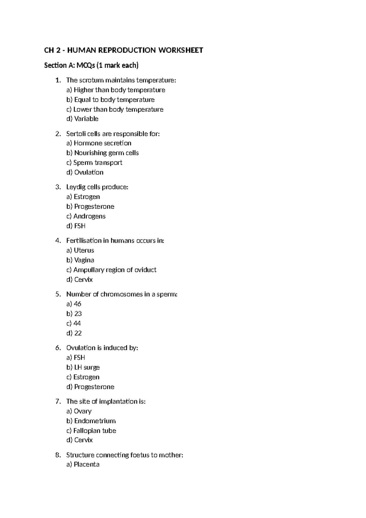 CH 2 Human Reproduction Worksheet: MCQs & Case Studies - Studocu
