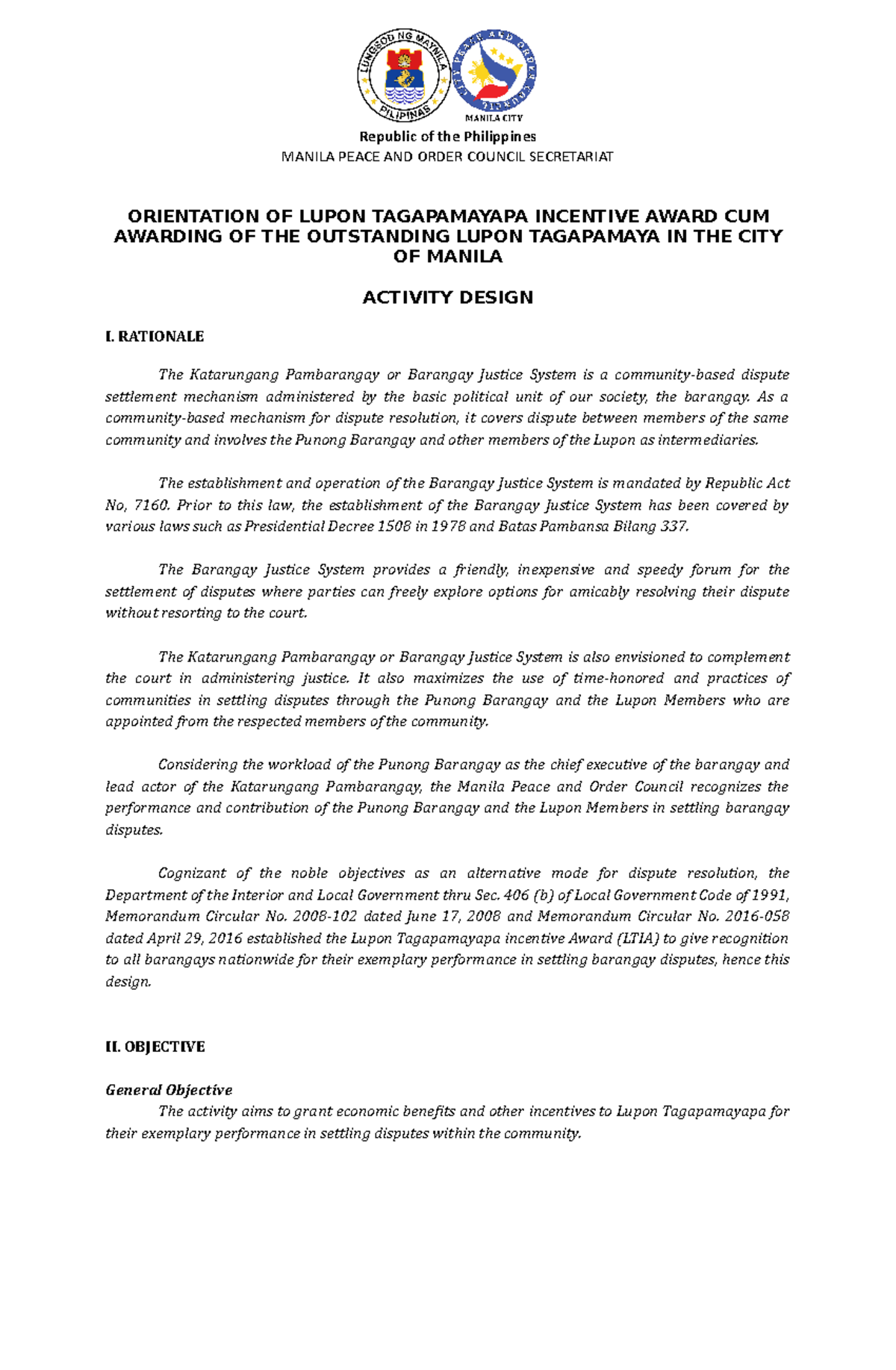 Orientation Design for Lupon Tagapamayapa Incentive Award - Manila ...