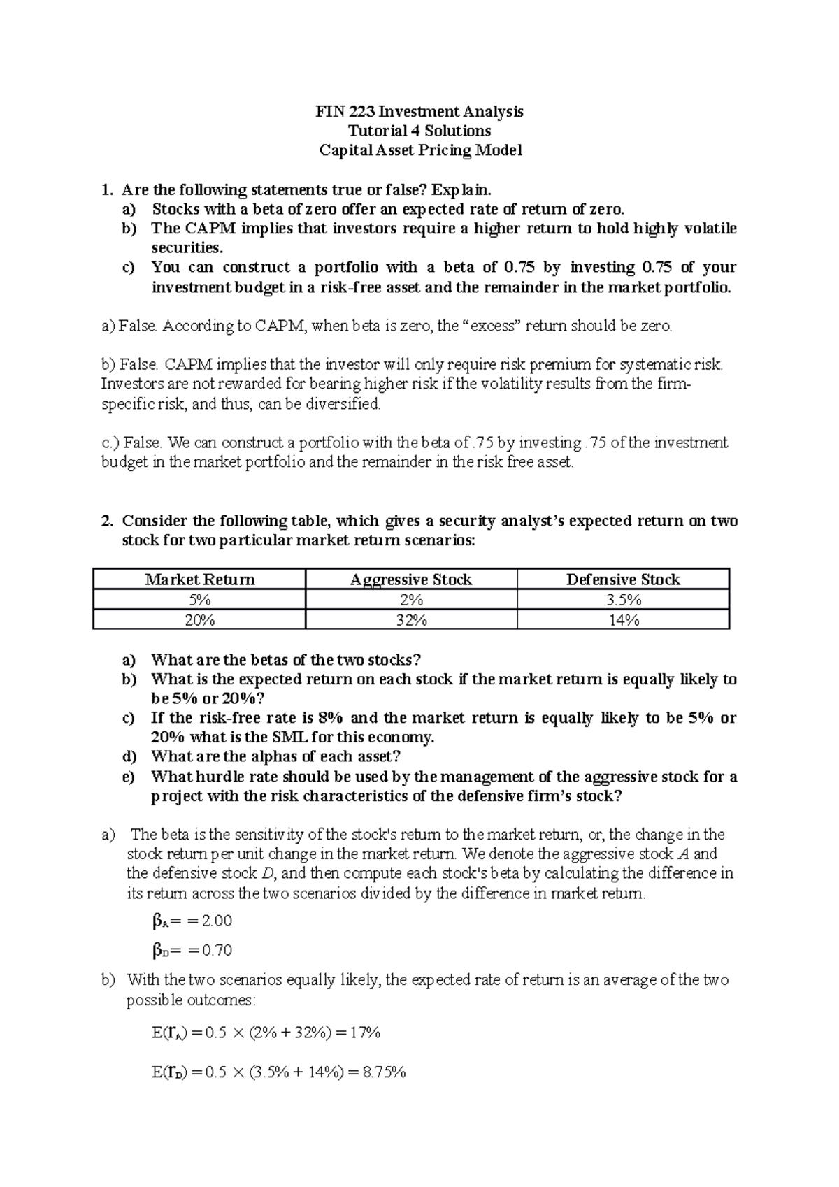 Tutorial 4 Solutions - FIN 223 Investment Analysis Tutorial 4 Solutions ...