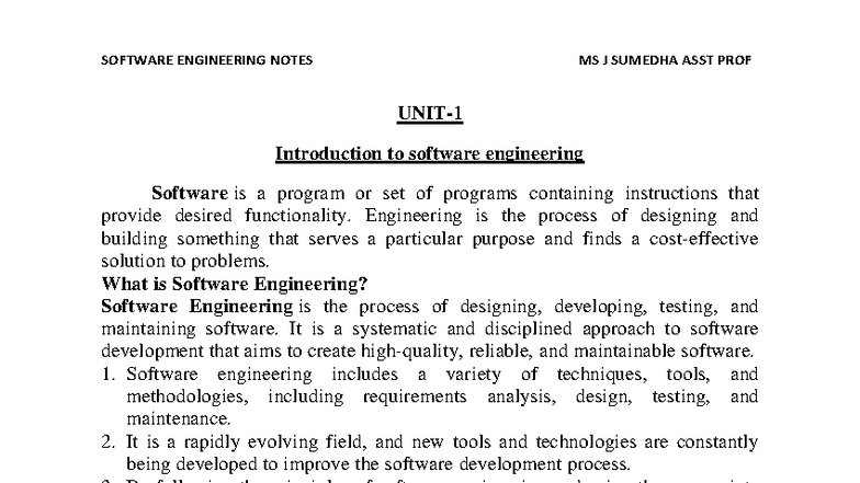 SOFTWARE ENGINEERING UNIT 1 NOTES - MS J SUMEDHA ASST PROF - Studocu