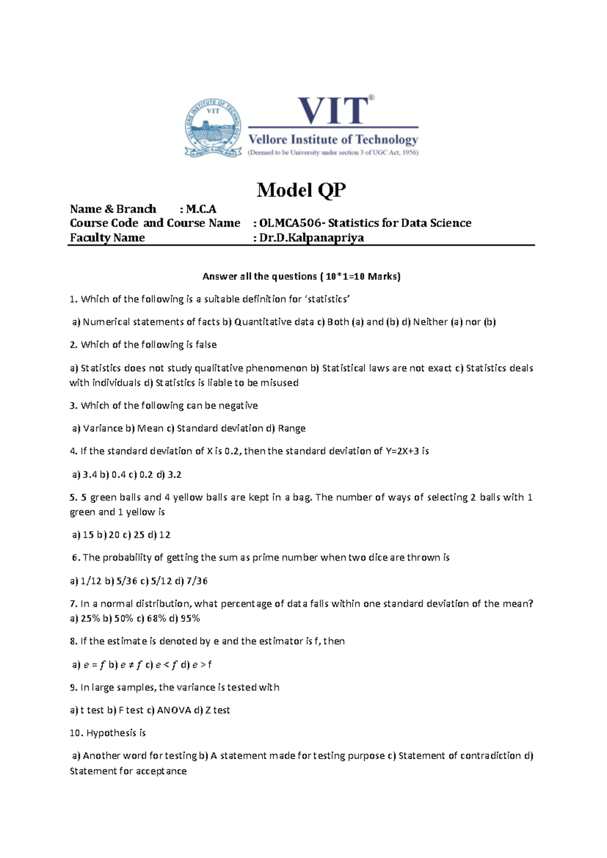 Statistics for Data Science - Model QP (M.C.A) - Studocu
