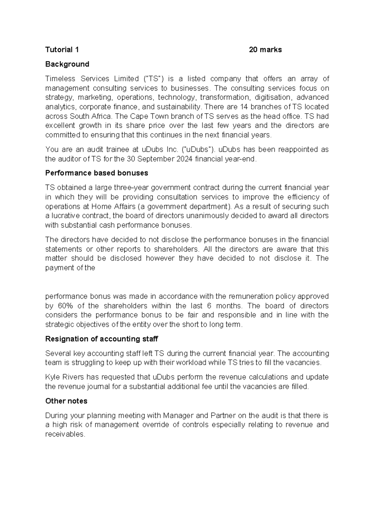 Tut 1: Audit Strategy for Timeless Services Ltd - Risks ...