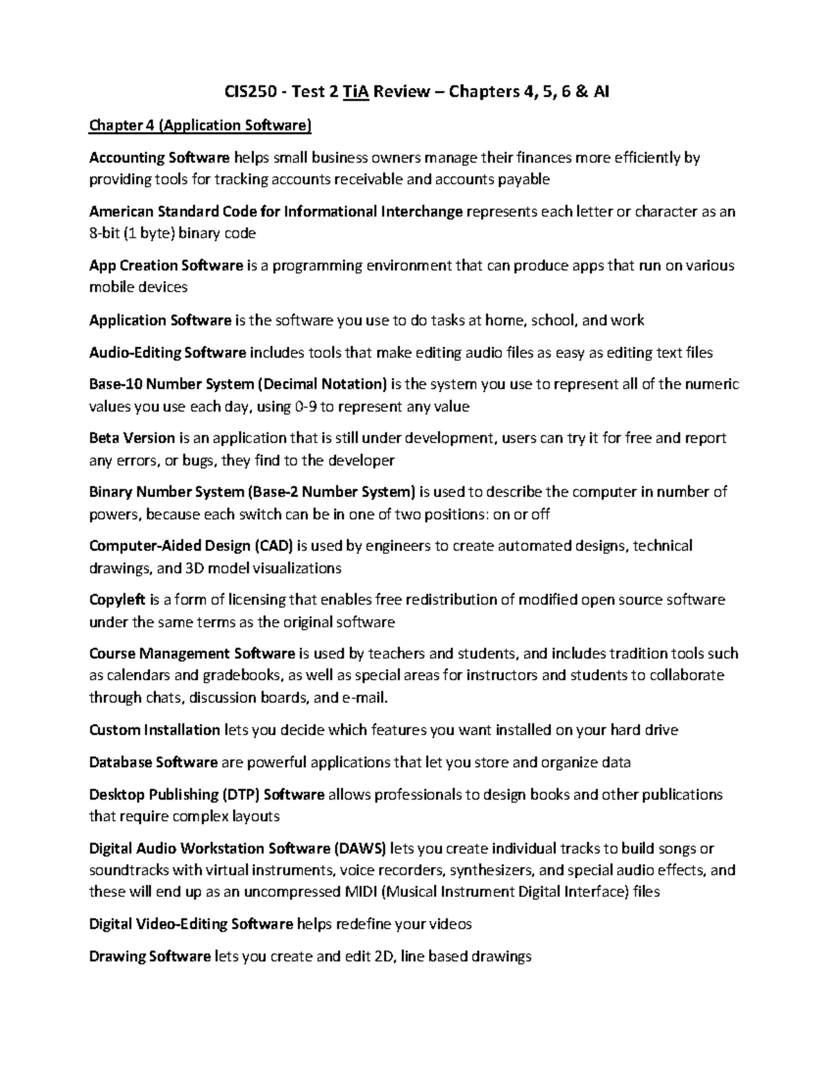 CIS 250 - Test 2 Ti A Terms - CIS250 Test 2 TiA Review Chapters 4, 5, 6 ...