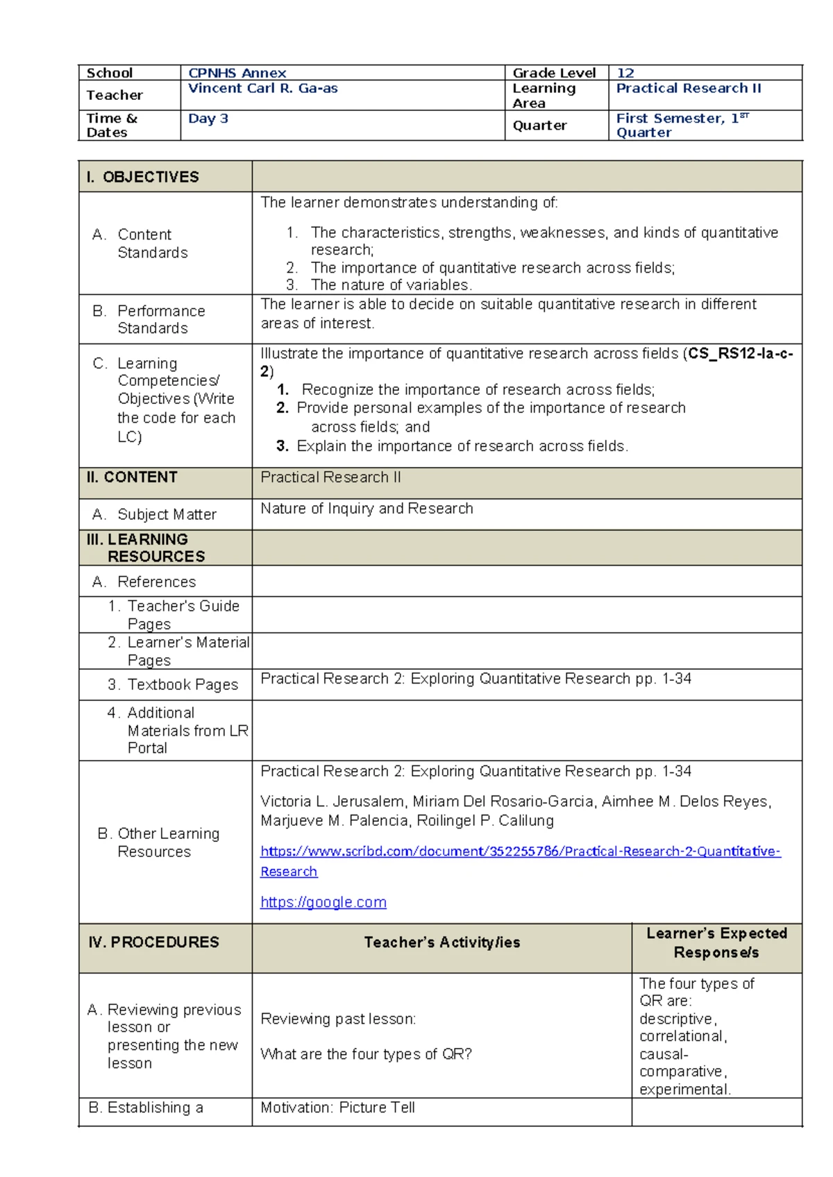 Practical Research II Lesson Plan: Characteristics of Quantitative ...