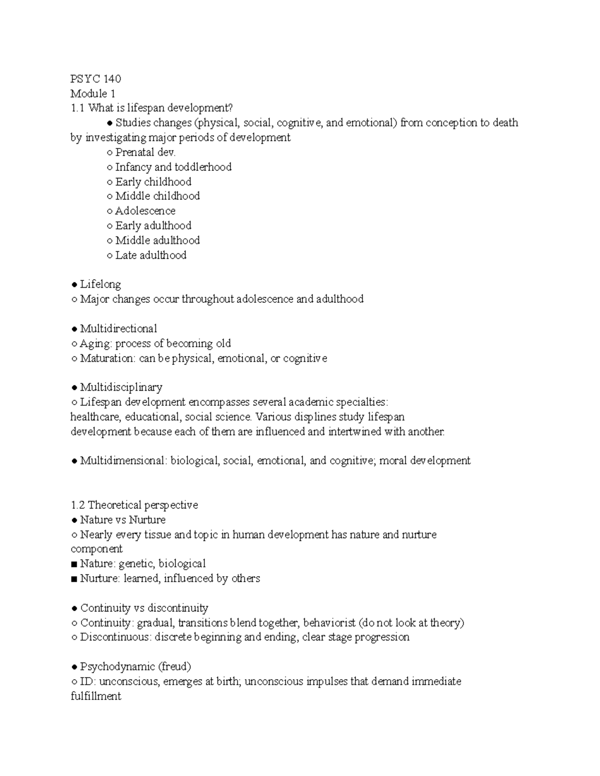 Module 1 Psych - notes - PSYC 140 Module 1 1 What is lifespan ...