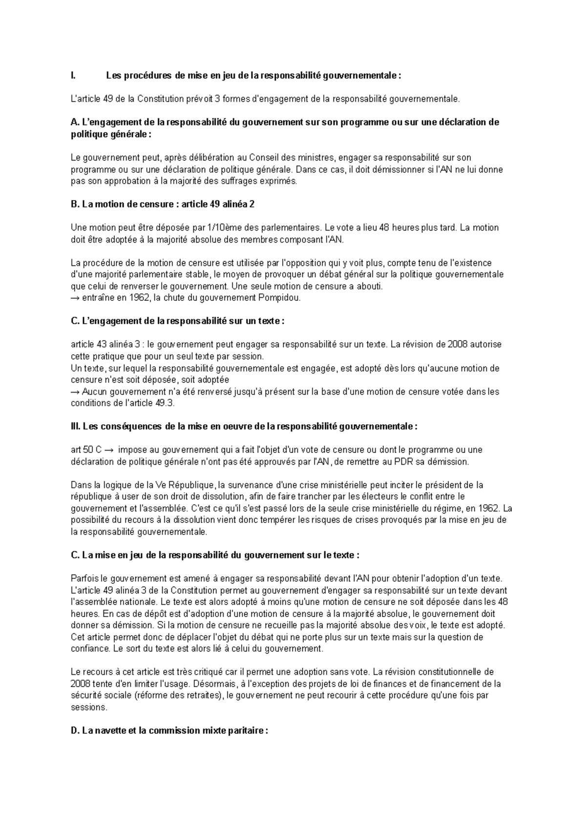 Responsabilité gouvernementale - I. Les procédures de mise en jeu de la ...