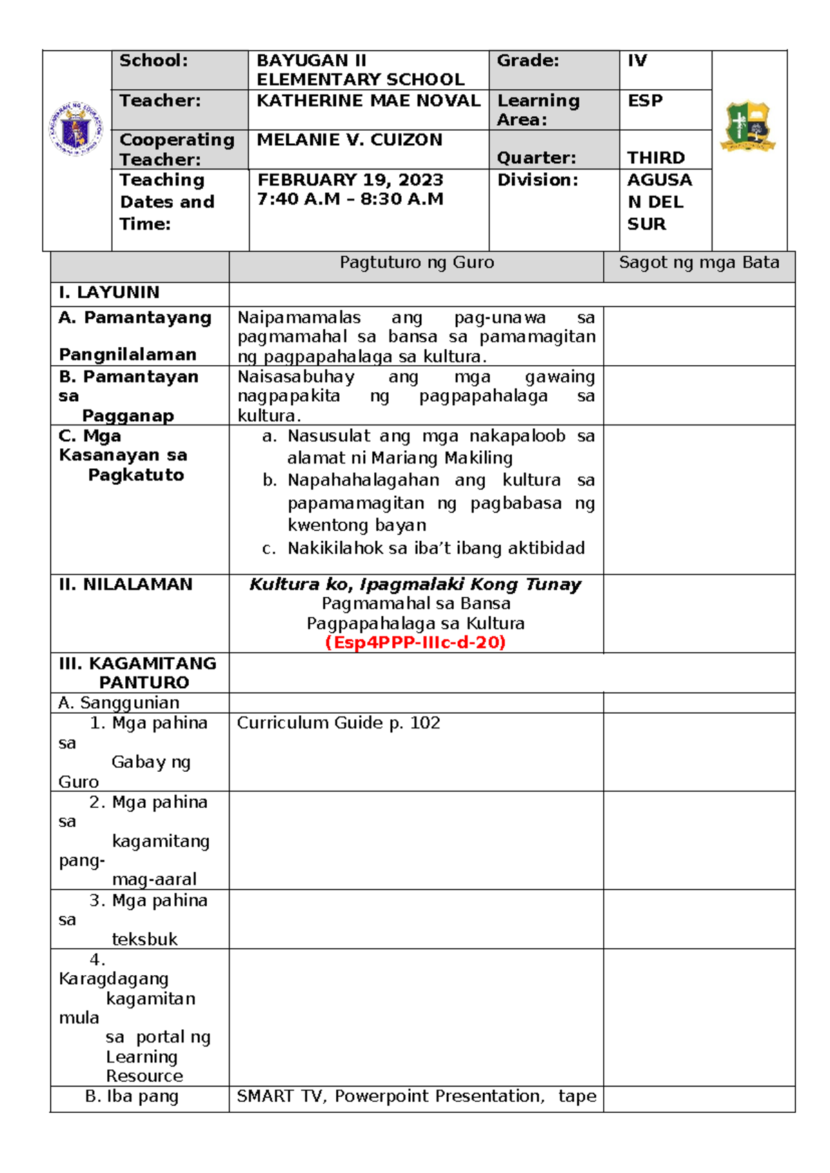 ESP 4 Detailed Lesson Plan: Ang Alamat ni Mariang Makiling - Studocu
