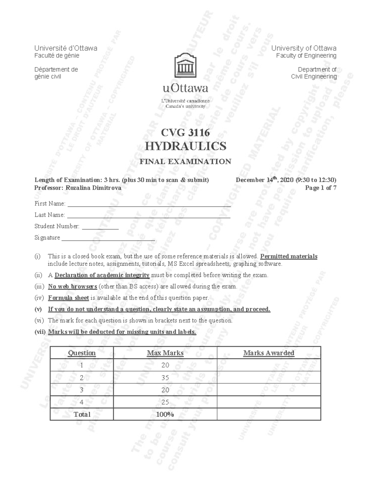 CVG 3116 Hydraulics Final Exam - December 2020 - Studocu