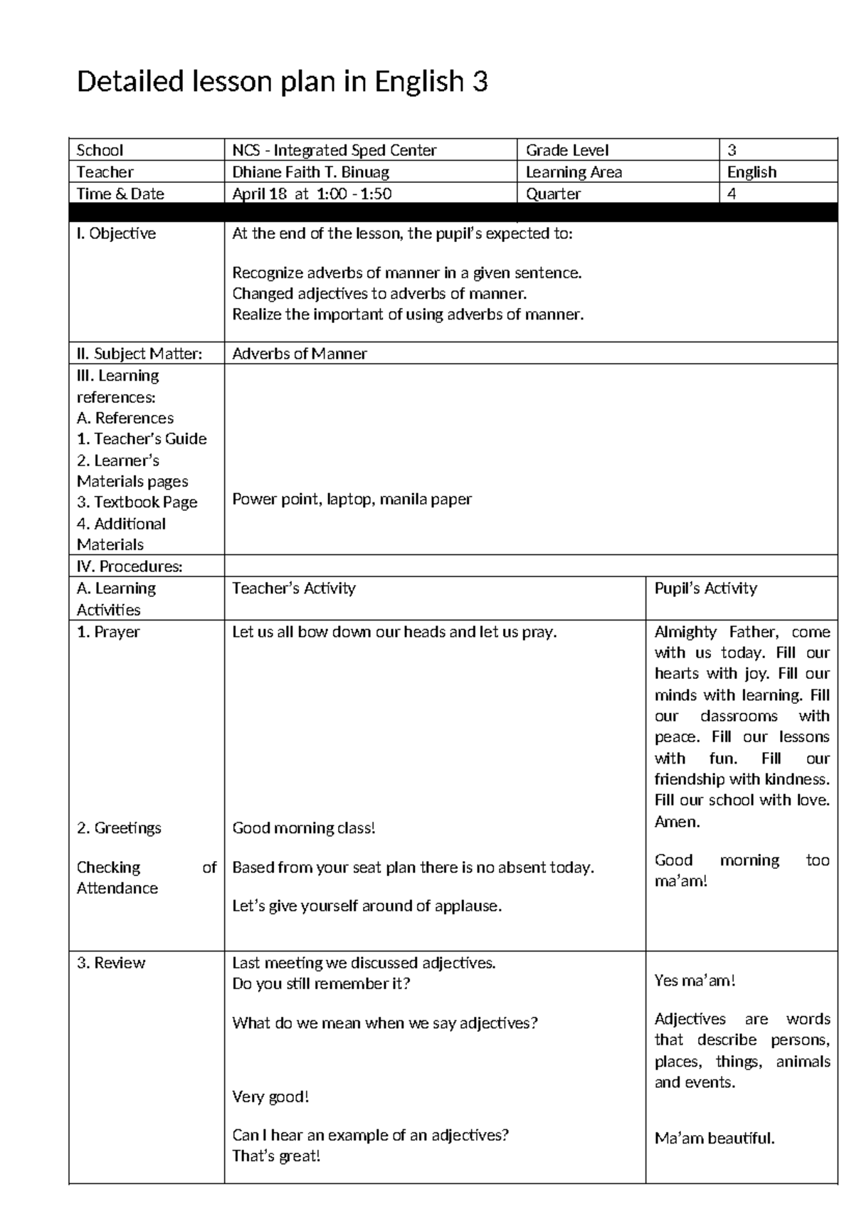 Detailed Lesson Plan In English Grade 9 Adverb Lesson Plan 4 Ways To