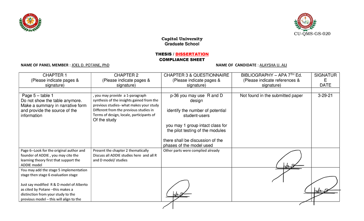 Compliance-Sheet- from Dr Potane for Ms Ali - CU-QMS-GS- 020 Capitol ...