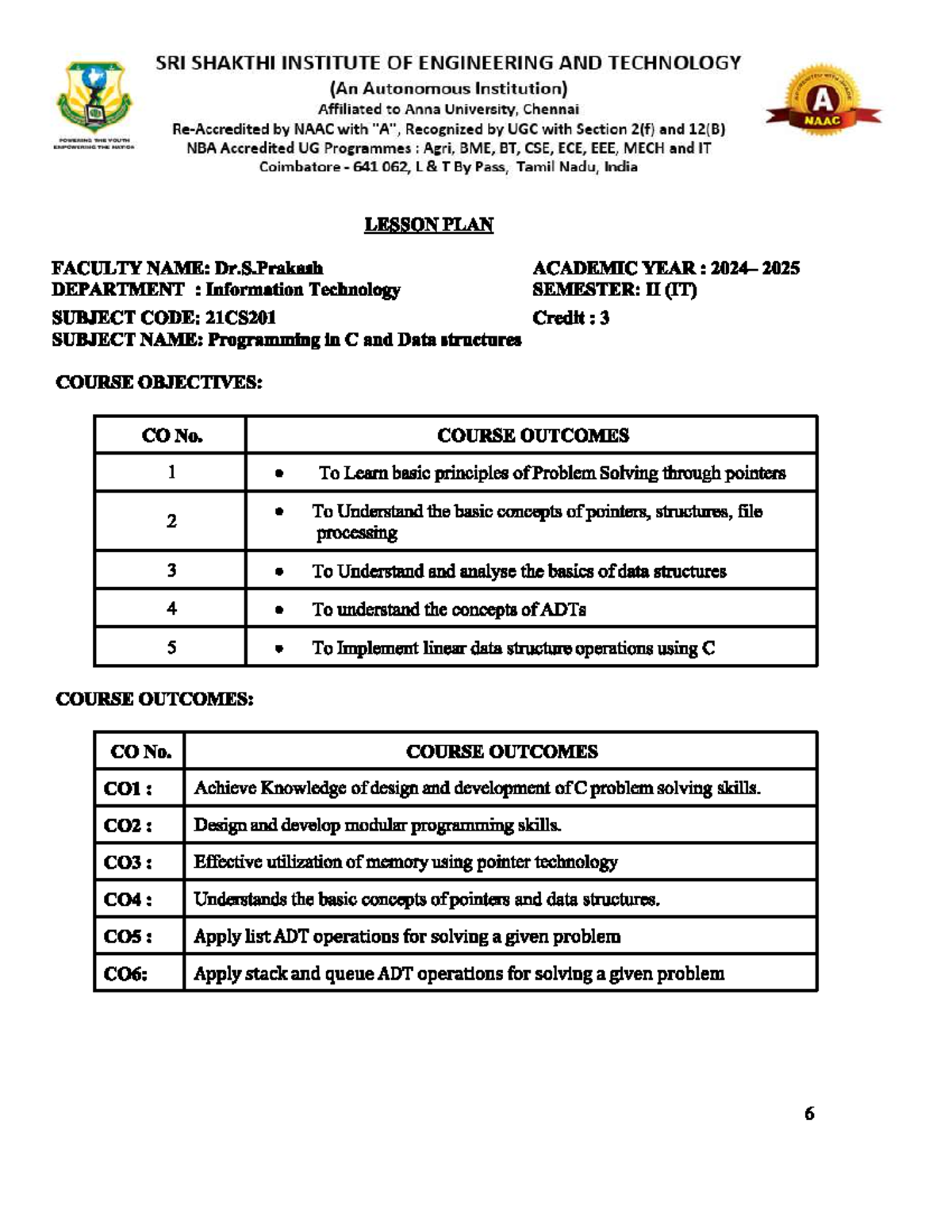 PDS Lesson Plan for Programming in C & Data Structures (21CS201) - Studocu