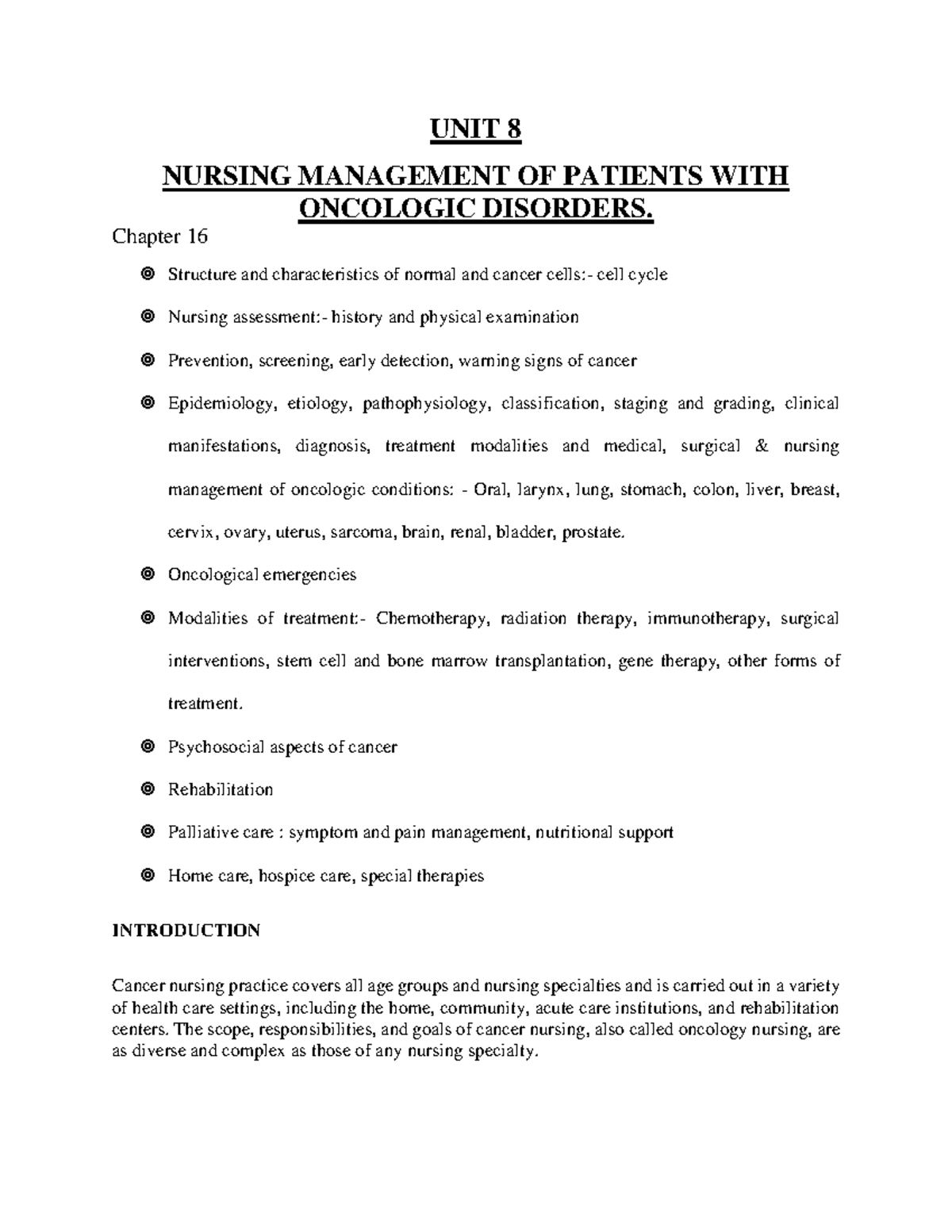 Unit 8: Nursing Management of Patients with Oncologic Disorders - Studocu