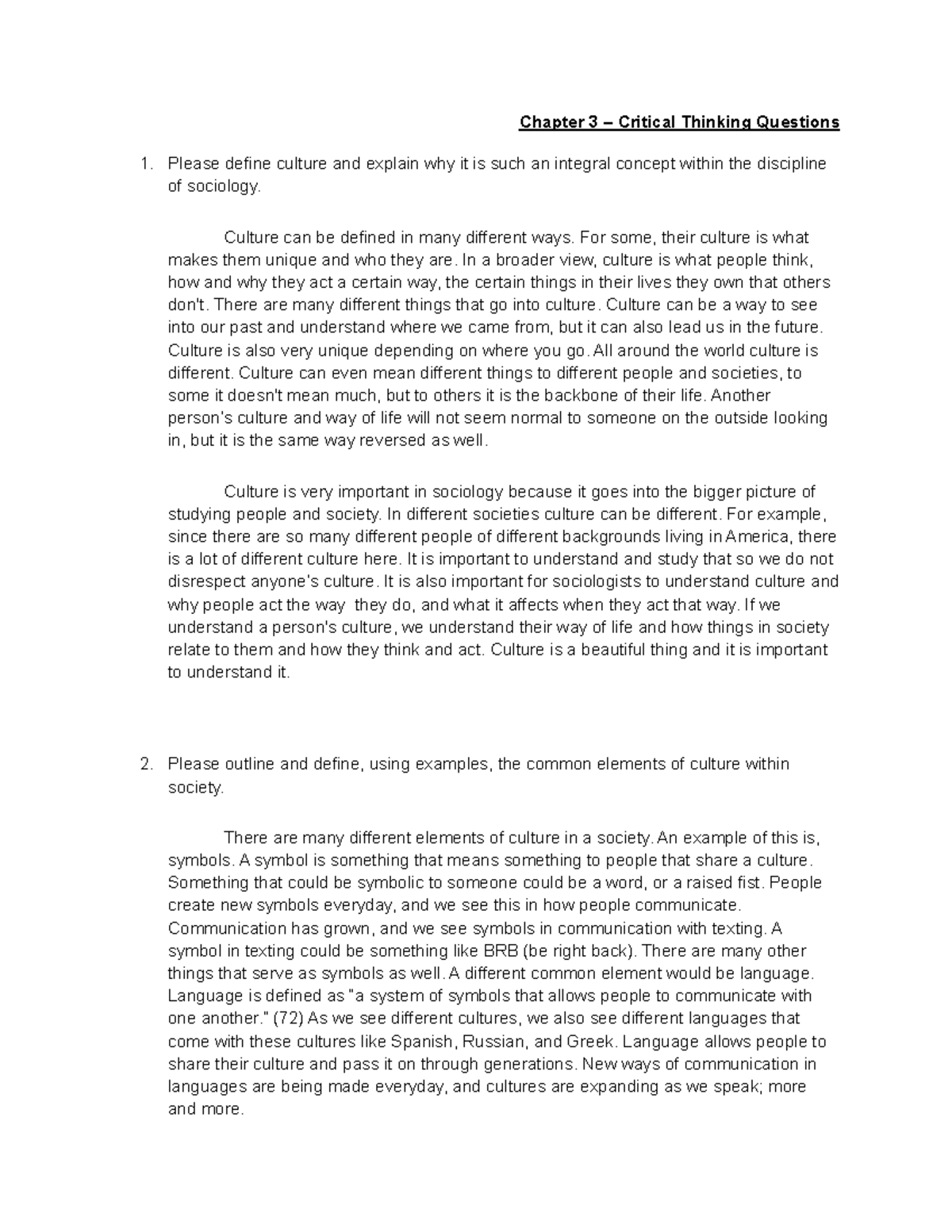Sociology Chapter 3: Culture and Critical Thinking Questions - Studocu