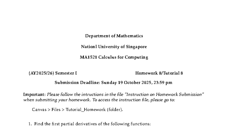 MA1521 Calculus for Computing Homework 8 Submission Guidelines - Studocu