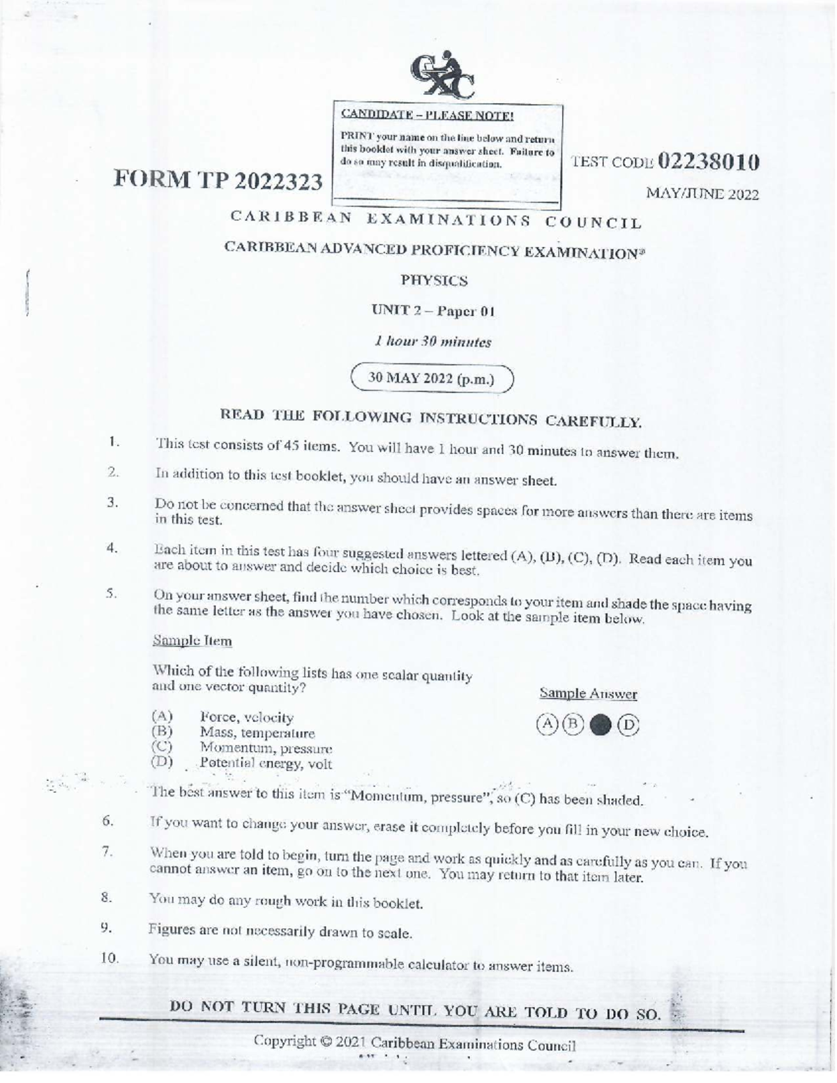 Physics CAPE 2022 Unit 2 Paper 01 Instructions & Test Details - Studocu