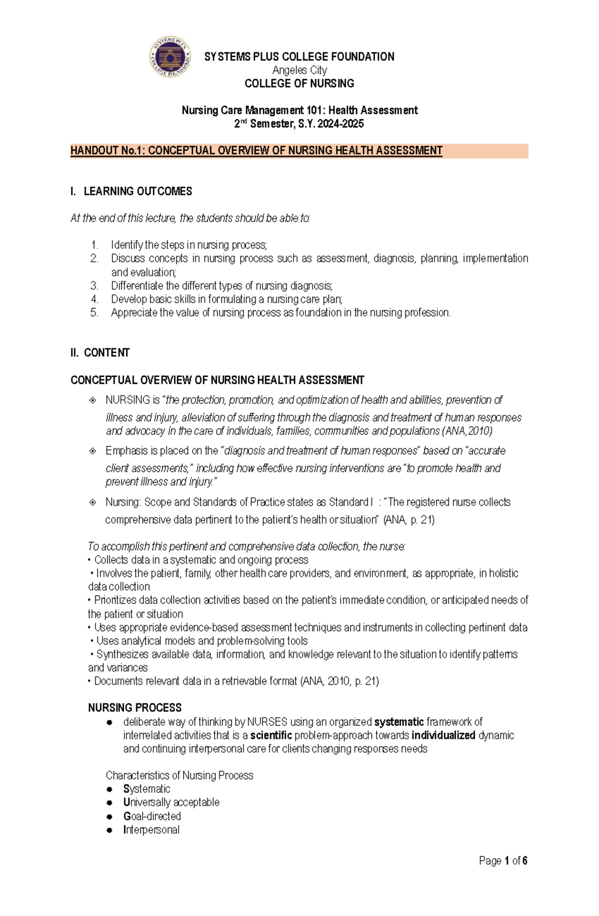 OVERVIEW OF NURSING HEALTH ASSESSMENT - SYSTEMS PLUS COLLEGE FOUNDATION ...