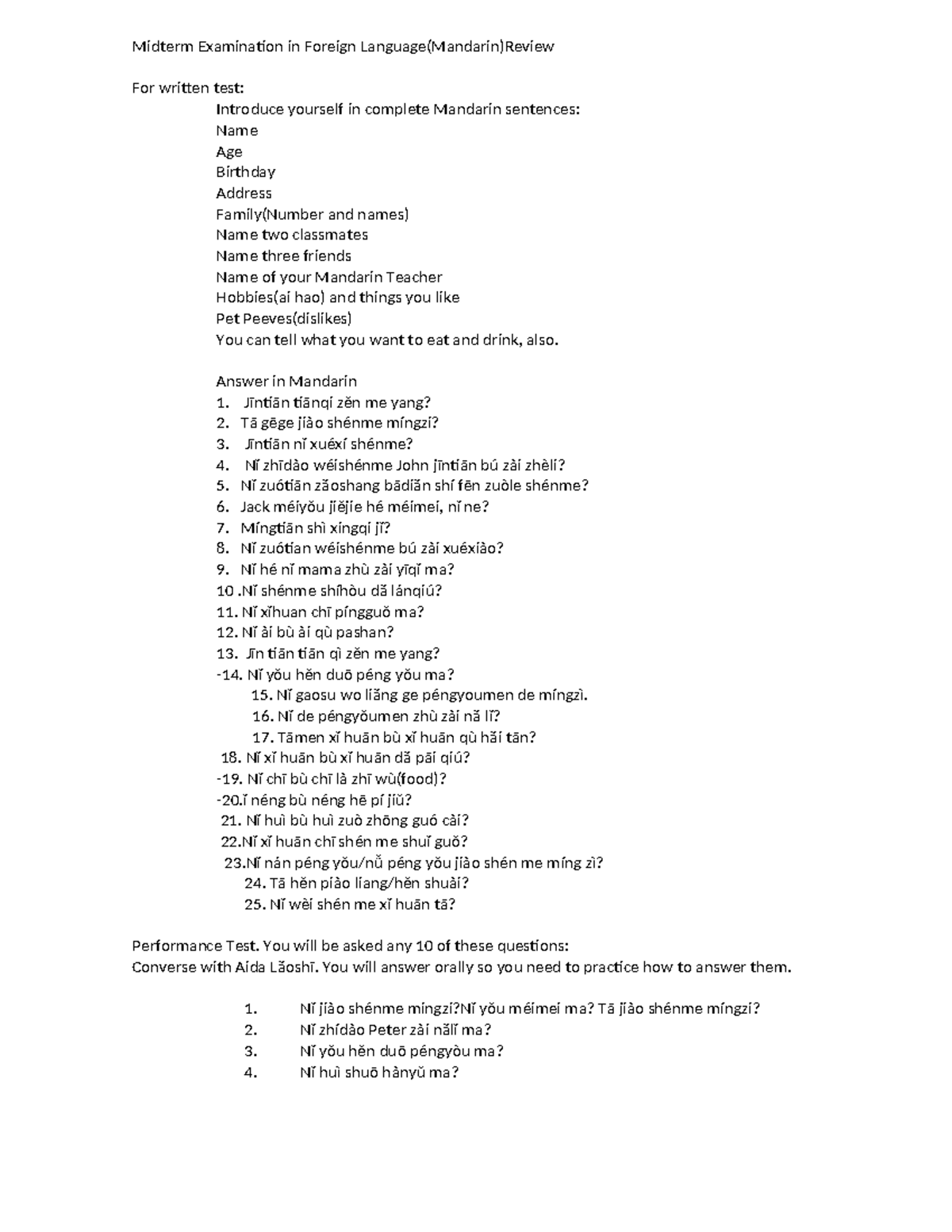 Midterm Exam Review: Mandarin Language Introduction & Practice - Studocu
