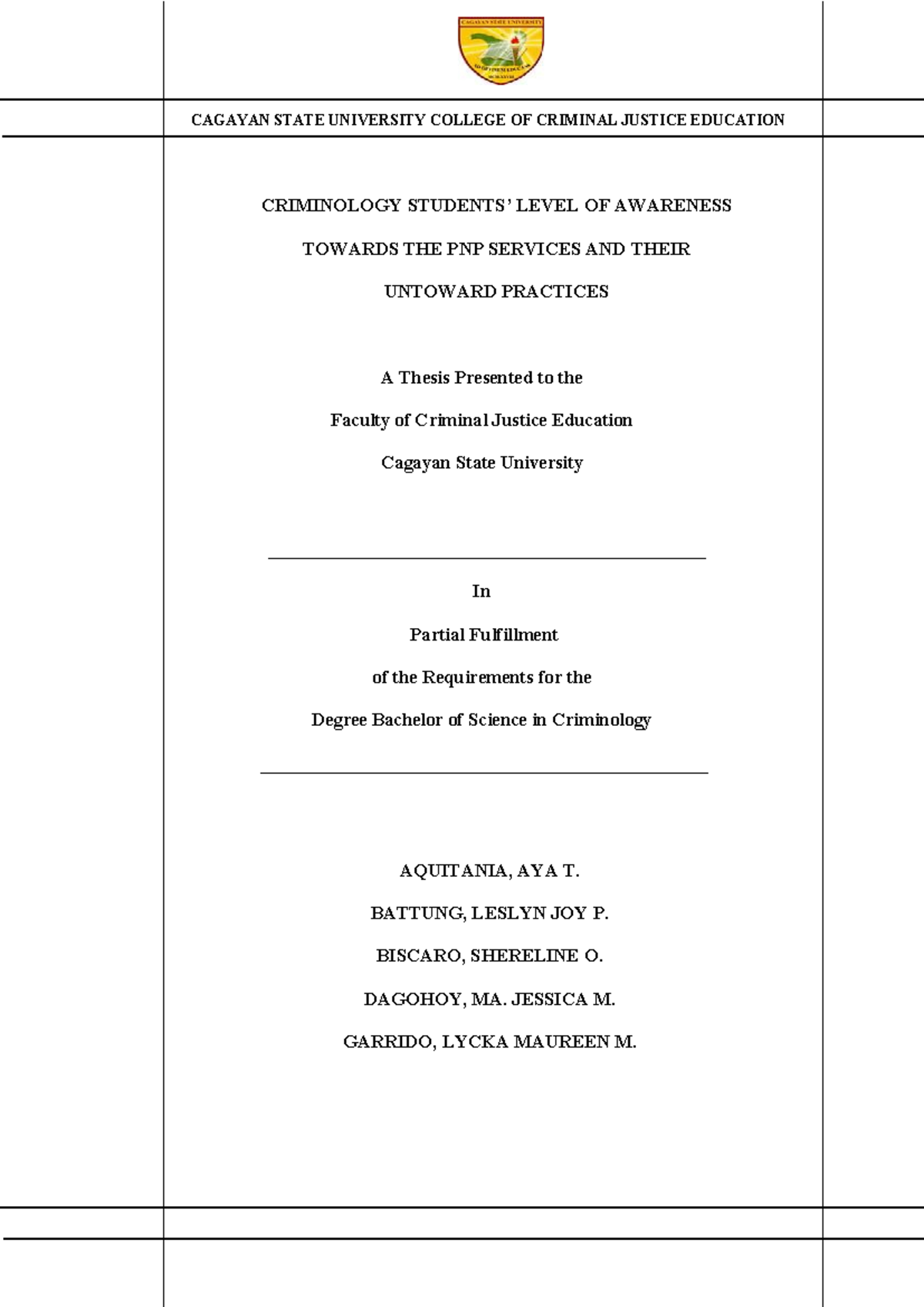 Criminology Thesis: Awareness of PNP Services and Practices (AYARE 4 ...