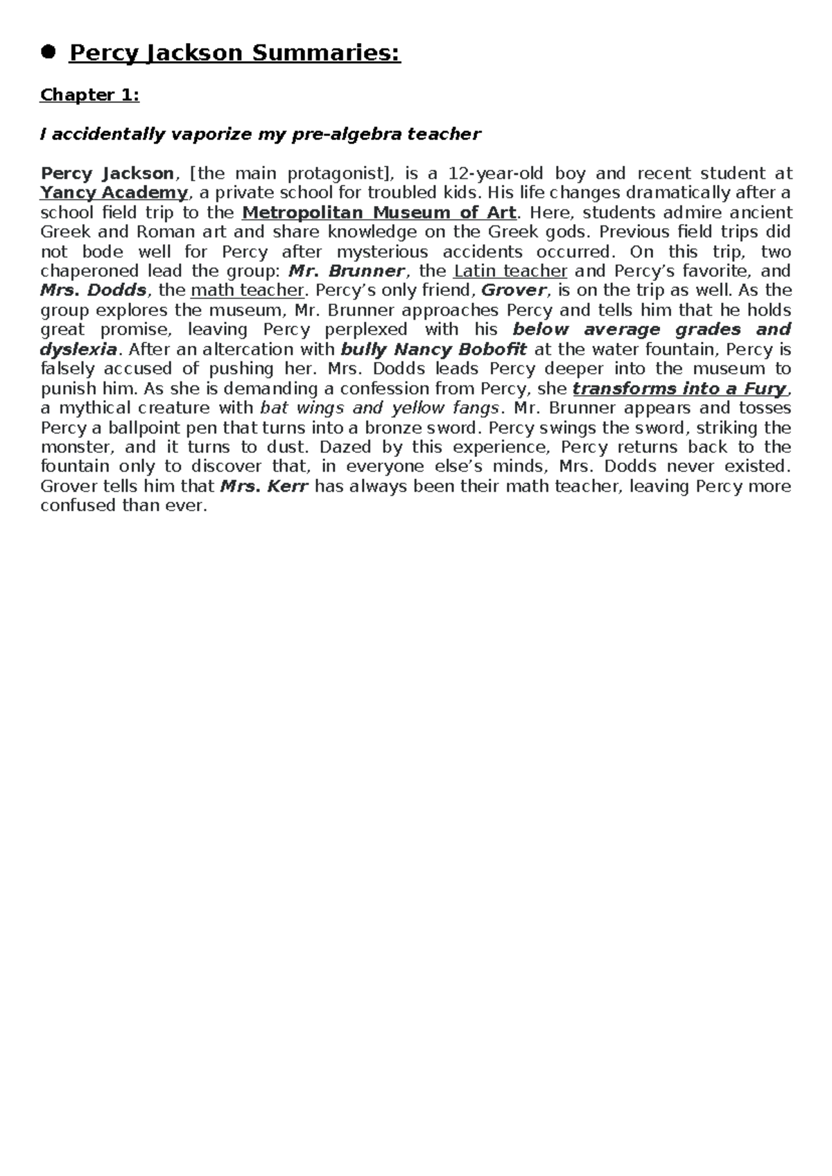 Grade 9 - Percy Jackson Summaries: Chapters 1-21 Overview - Studocu
