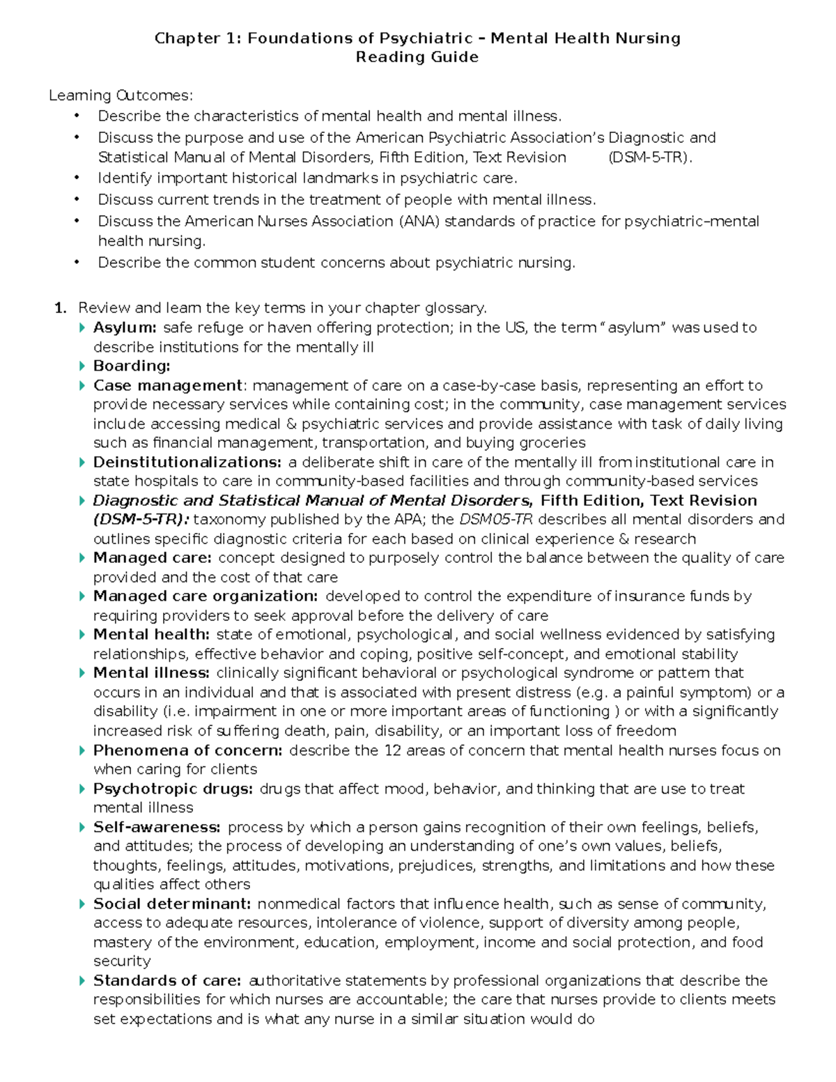 MH 101 Chapter 1: Foundations of Psychiatric-Mental Health Nursing ...