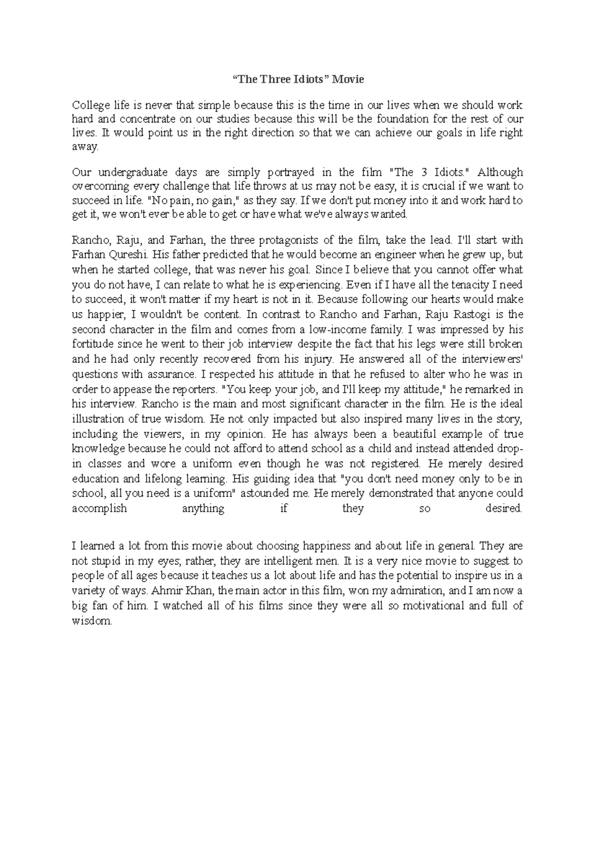Reaction Paper on "The 3 Idiots" Movie Analysis - Studocu