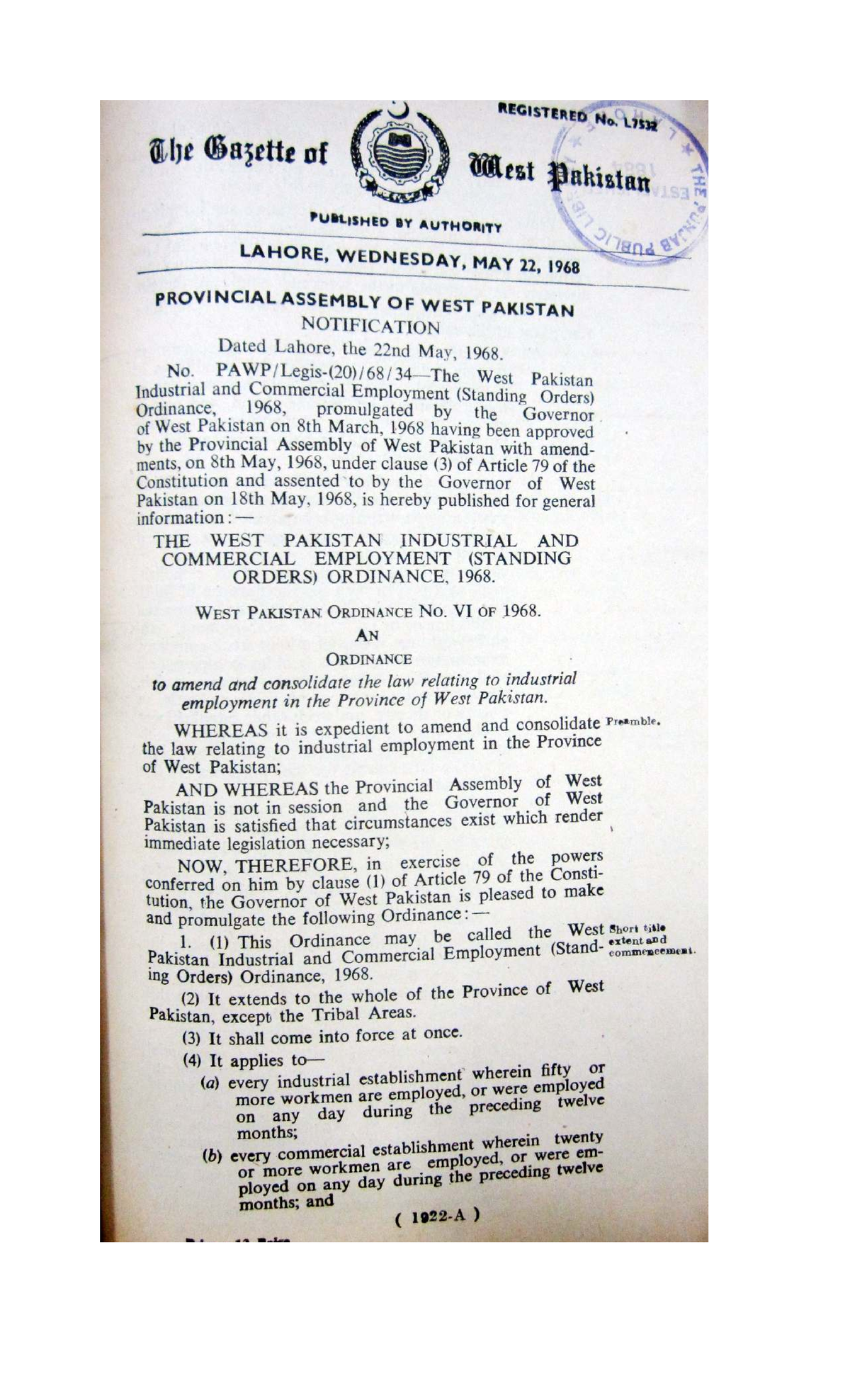 West Pakistan Industrial & Commercial Employment Ordinance 1968 - Studocu