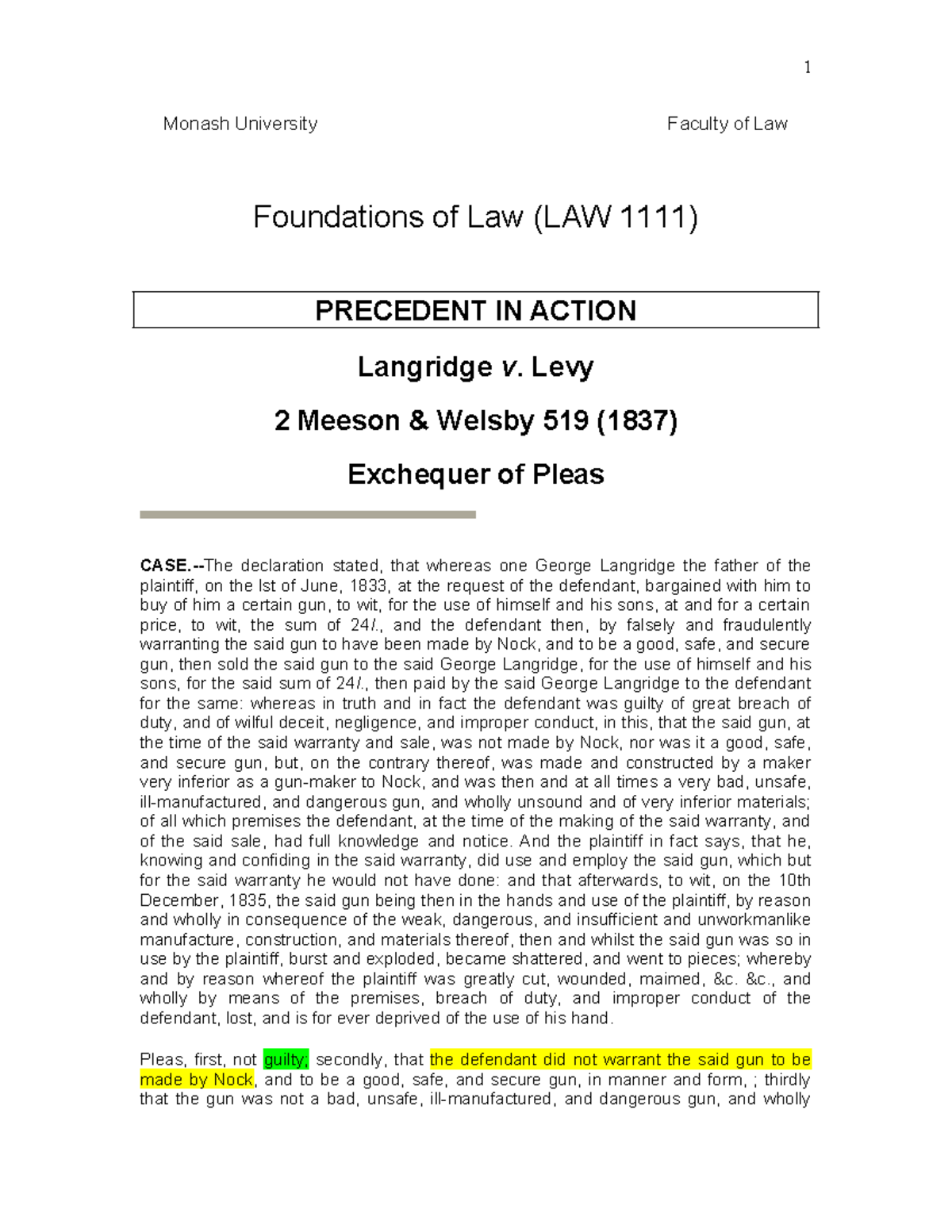 Foundations of Law (LAW) - Precedent in Action: Langridge v. Levy - Studocu