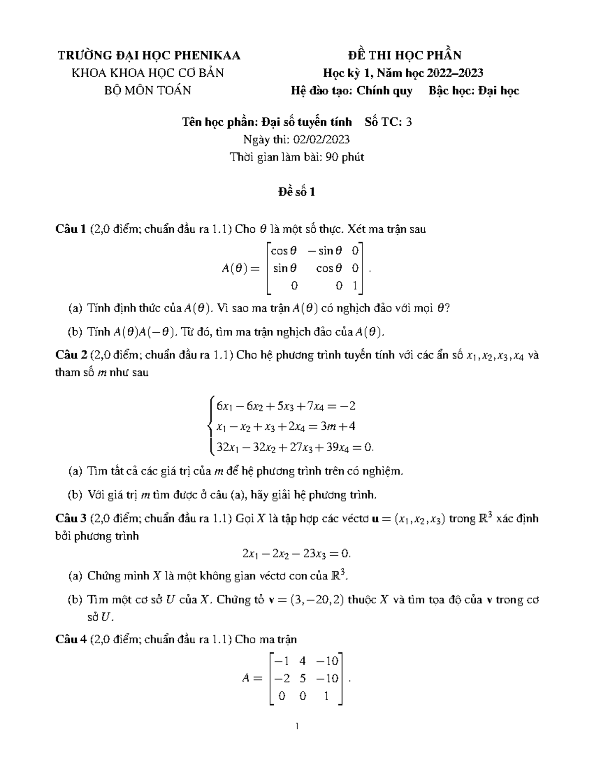 Dstt2022-2023 - 2022-2023 - TRƯỜNG ĐẠI HỌC PHENIKAA ĐỀ THI HỌC PHẦN KHOA KHOA HỌC CƠ BẢN Học kỳ ...