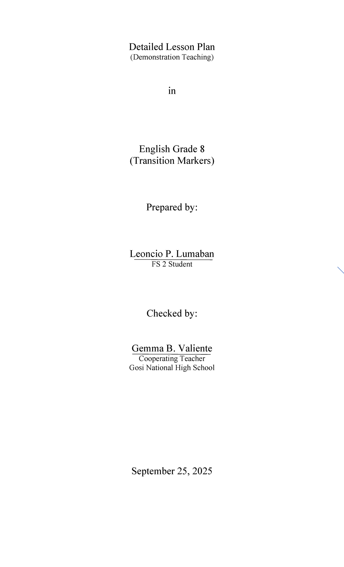Detailed Lesson Plan on Transition Markers in English Grade 8 (Model ...