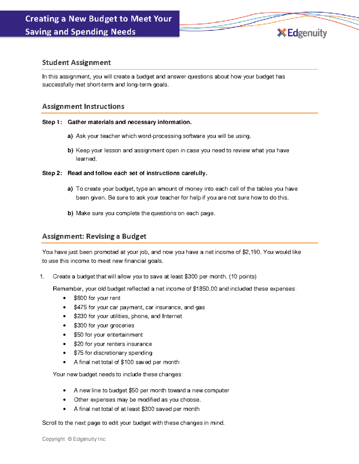 Creating a New Budget: Edgenuity Student Assignment Guide - Studocu