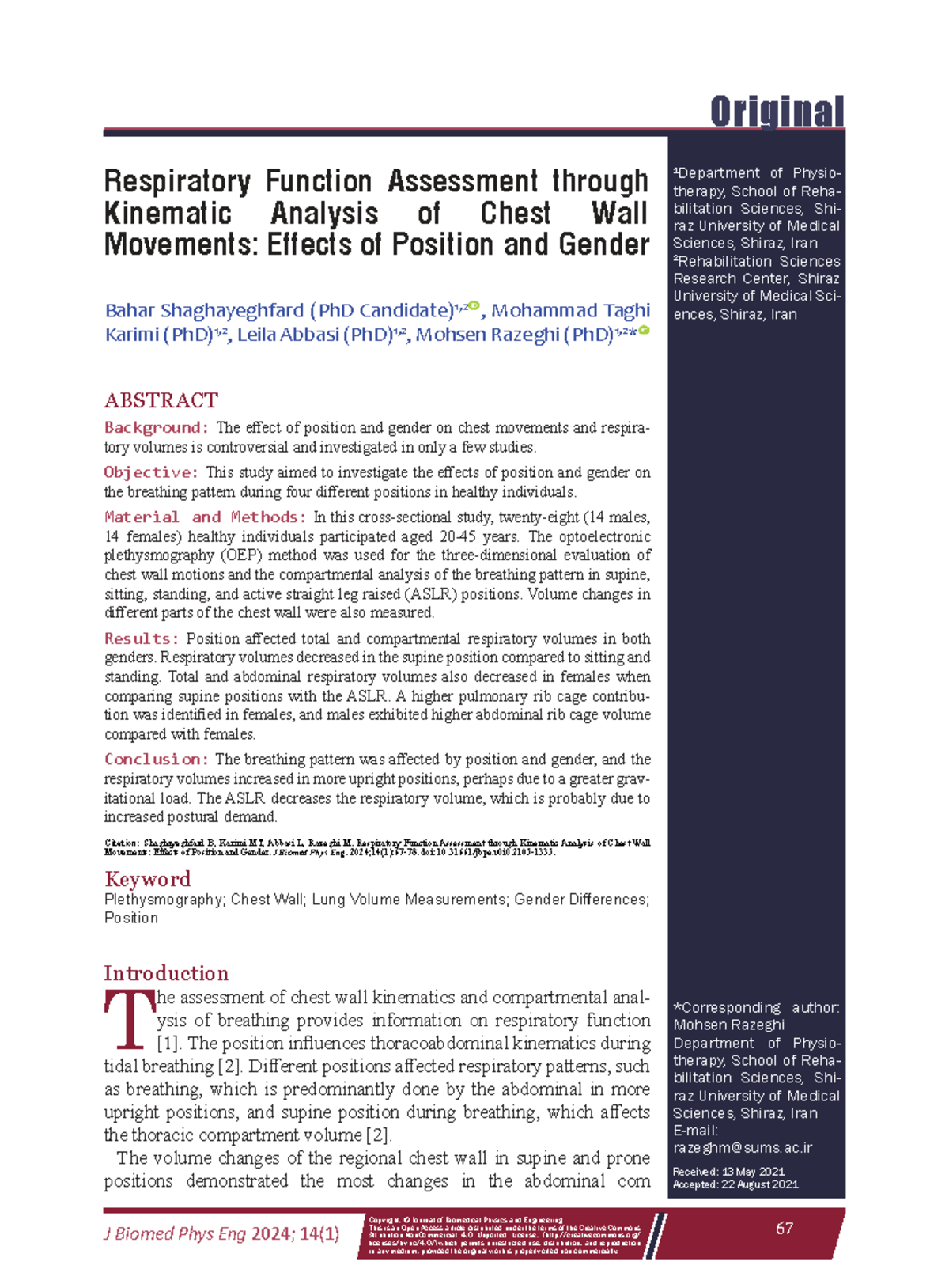 Respiratory Function Assessment: Kinematic Analysis of Chest Wall ...