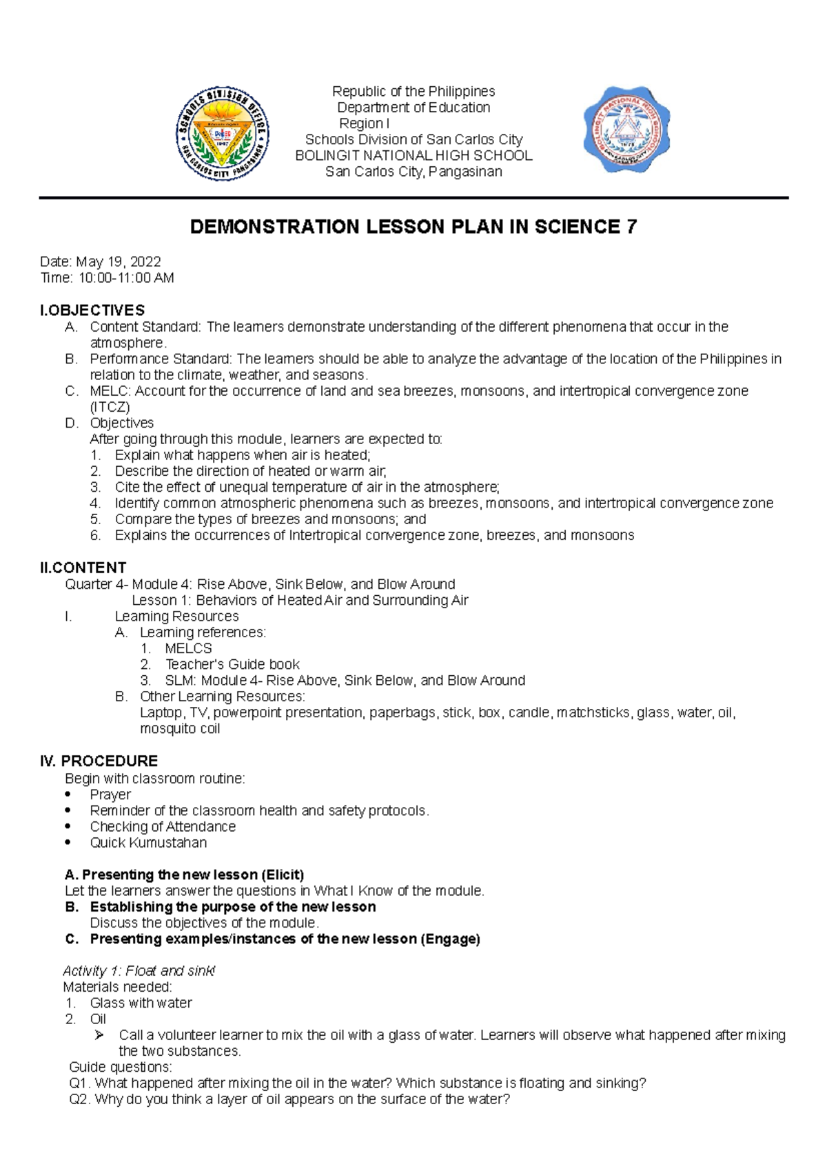 Cot1-LP - Demonstration Lesson Plan for Science 7 on Atmospheric ...