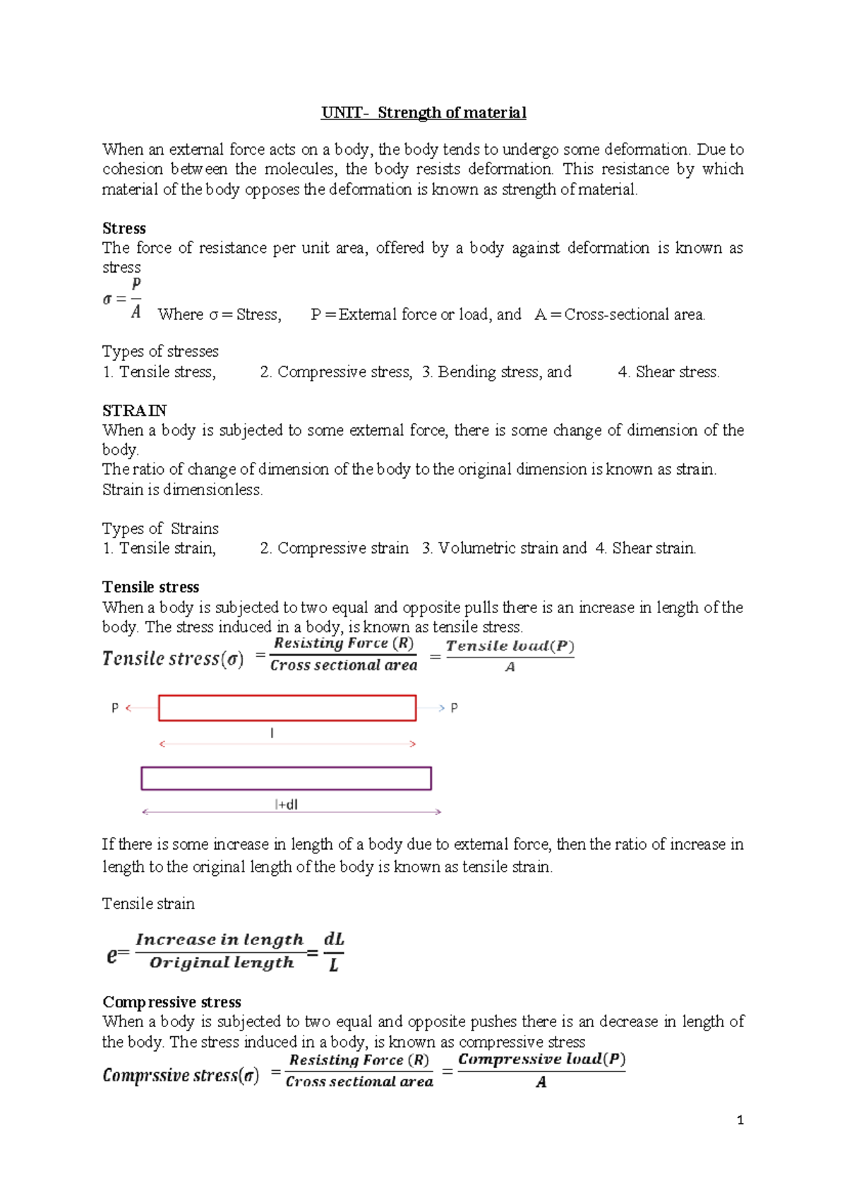Strength of Materials: Key Concepts and Formulas (Unit I) - Studocu