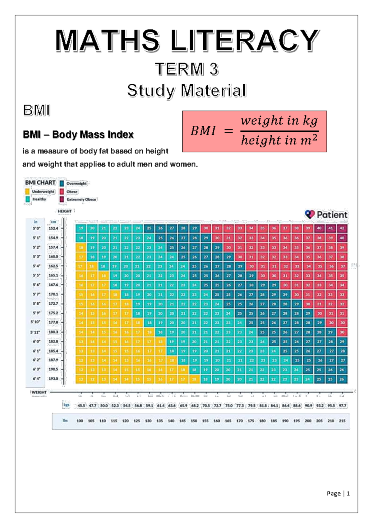 Term 3 Study Notes: Understanding BMI and Unit Conversion - Studocu