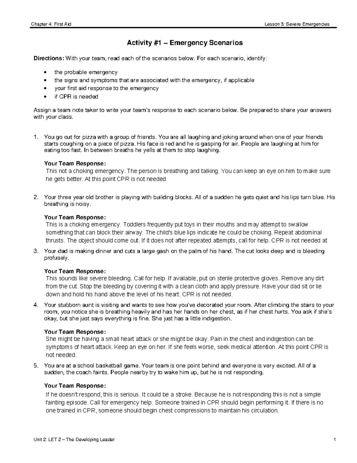 U2C4L3A1 - Emergency Scenarios for First Aid Response [4212] - Studocu